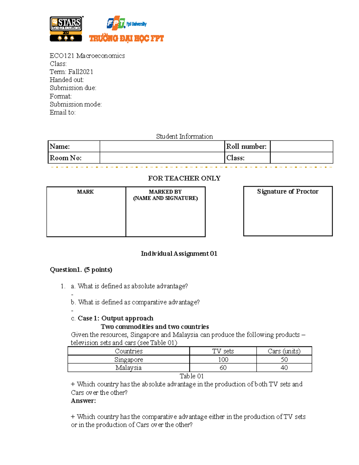 ECO121 Test01 Fall2021 Individual Assignment 1 - ECO121 Macroeconomics ...