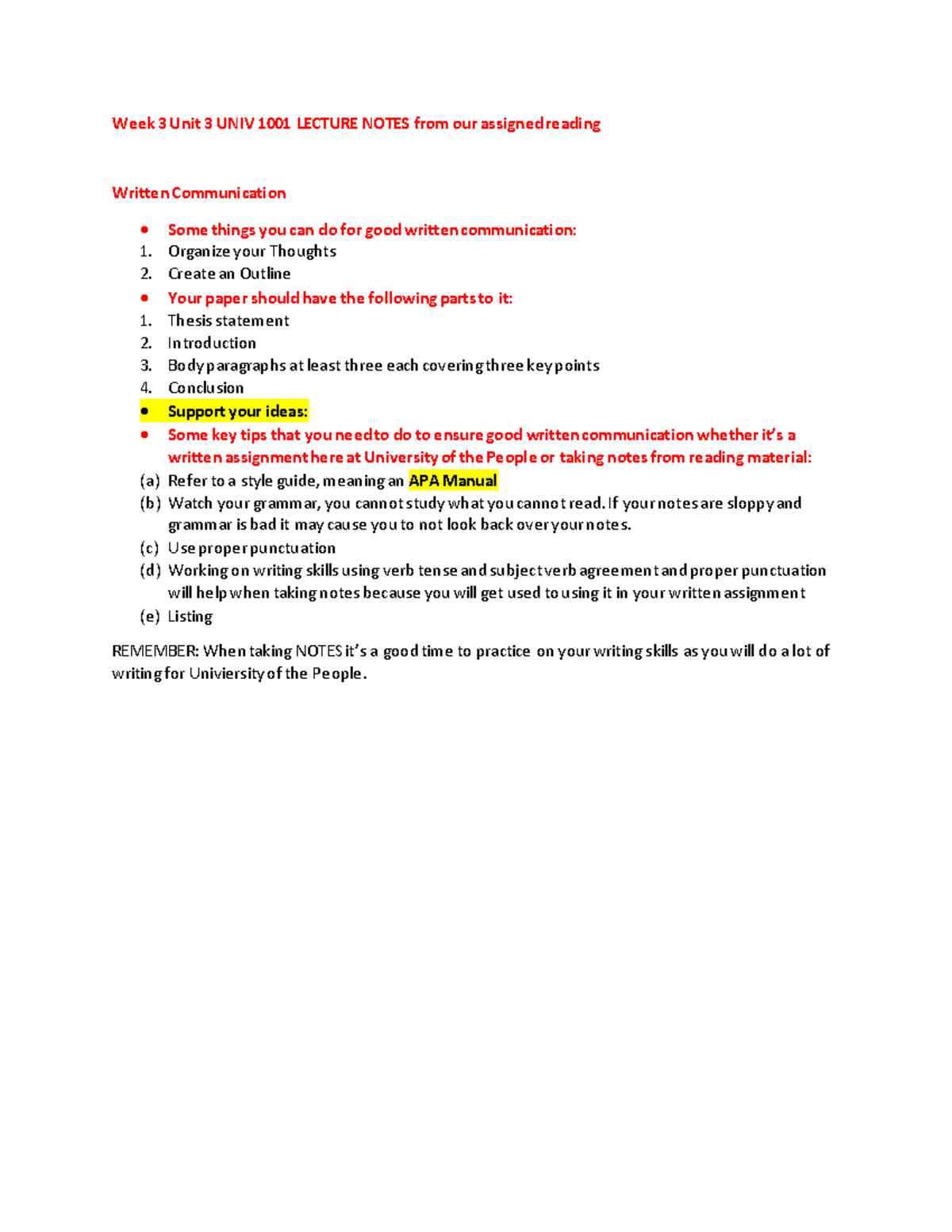 Univ Unit 3 Lecture Notes From Our Assigned Reading Week 3 Unit 3 Univ 1001 Lecture Notes From