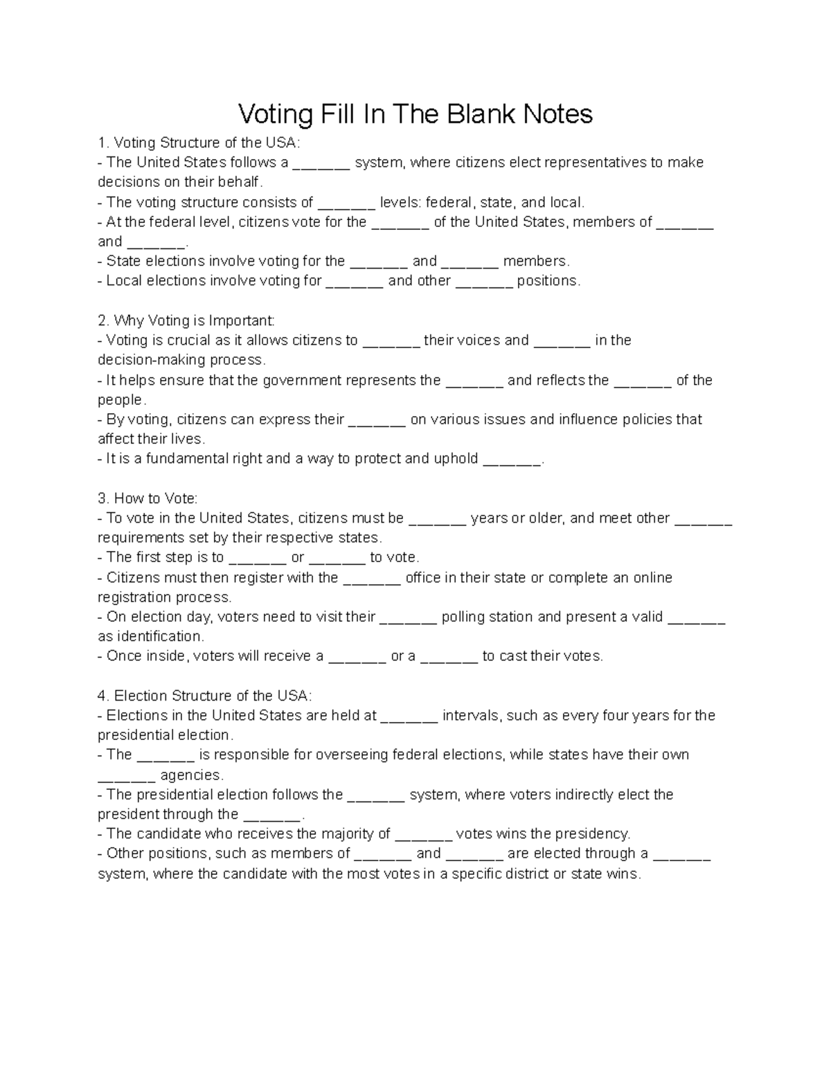 Voting Fill In The Blank Notes - Voting Structure of the USA: - The ...