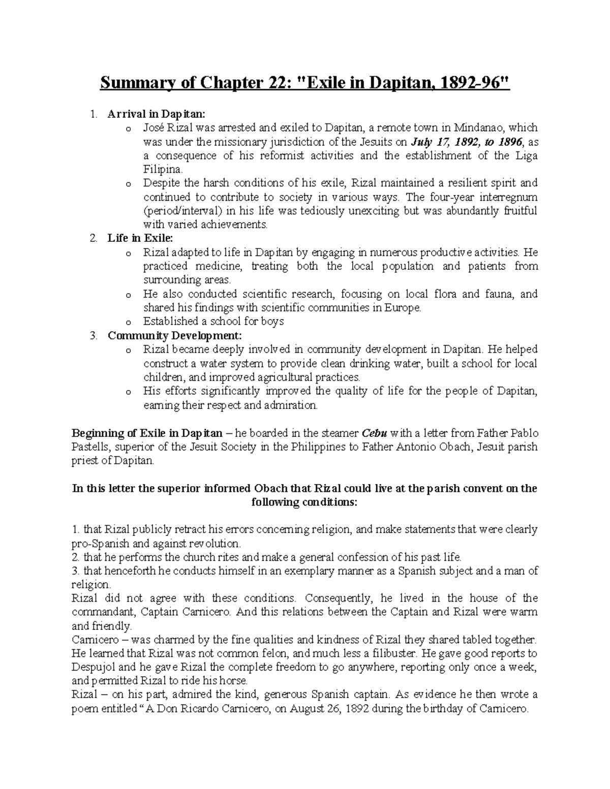 Summary of Chapter 22 - life of rizal - Summary of Chapter 22: "Exile ...