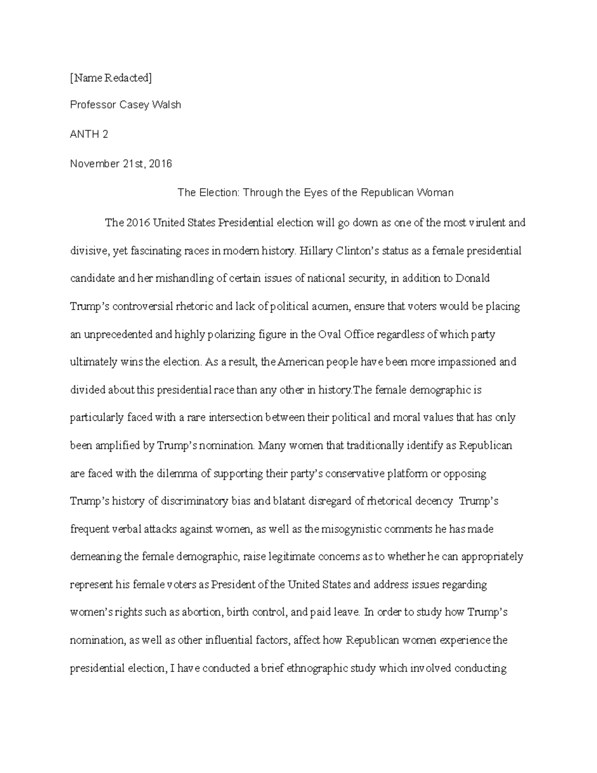 Anthro 2 Ethnographic Paper - [Name Redacted] Professor Casey Walsh ...