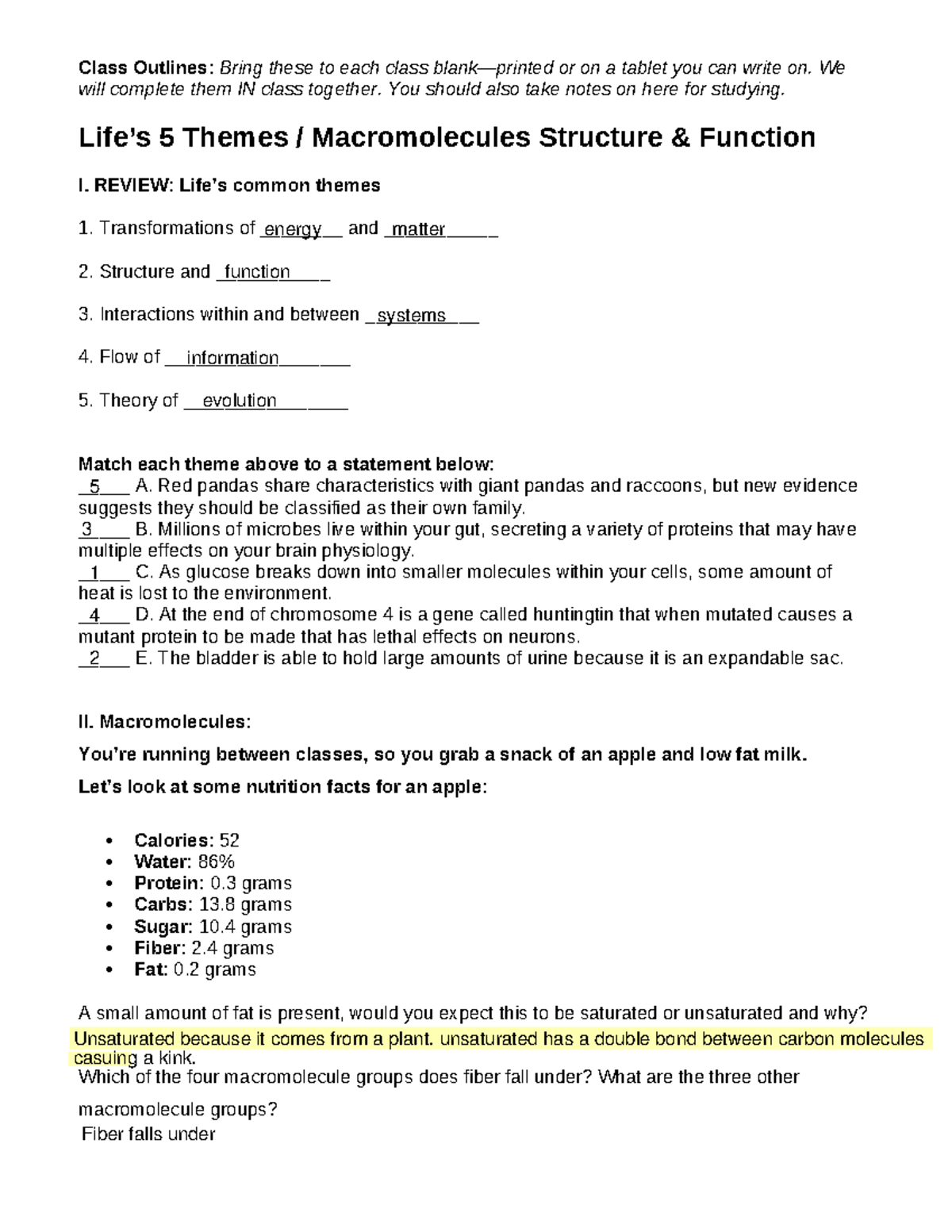 Lesson 2 Class Outline Structure and Function of Macromolecules - will ...