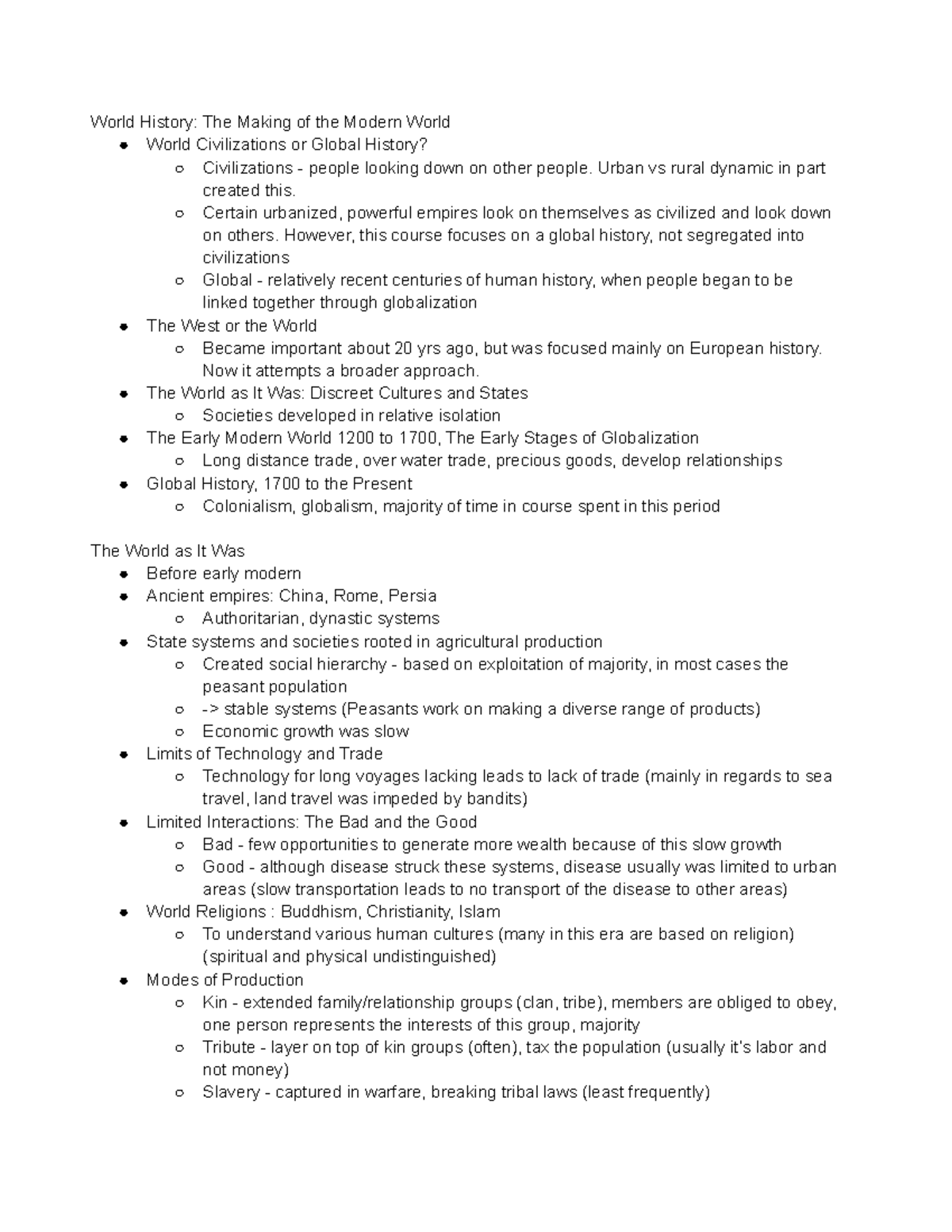 Lecture I Notes - World History: The Making of the Modern World World ...