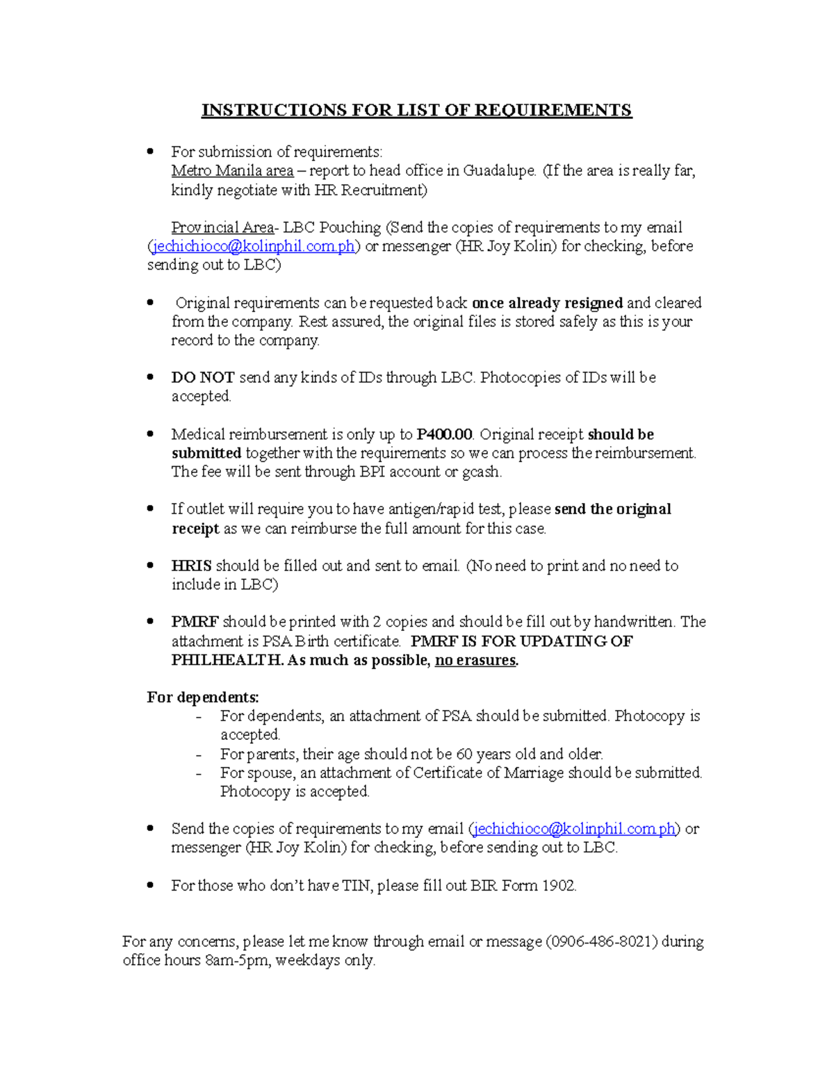 Instructions FOR LIST OF Requirements - INSTRUCTIONS FOR LIST OF ...