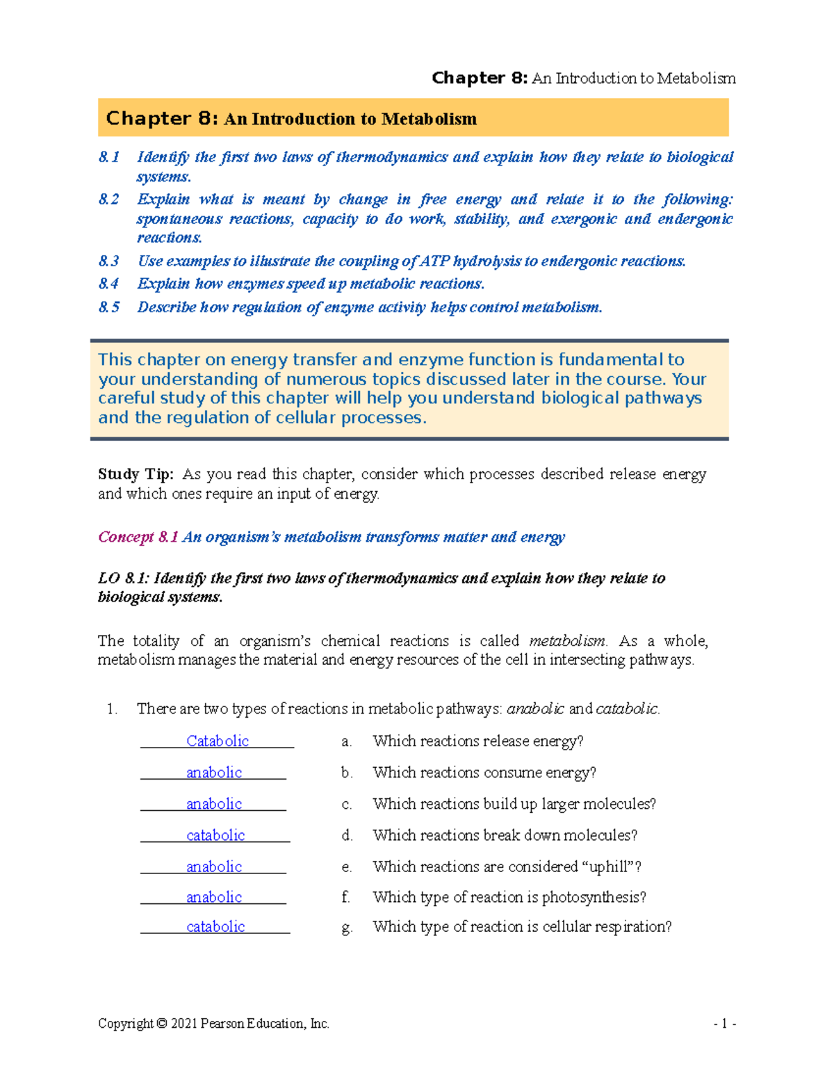Bio12 ARG Answer Key 08 - Chapter 8: An Introduction to Metabolism 8 ...