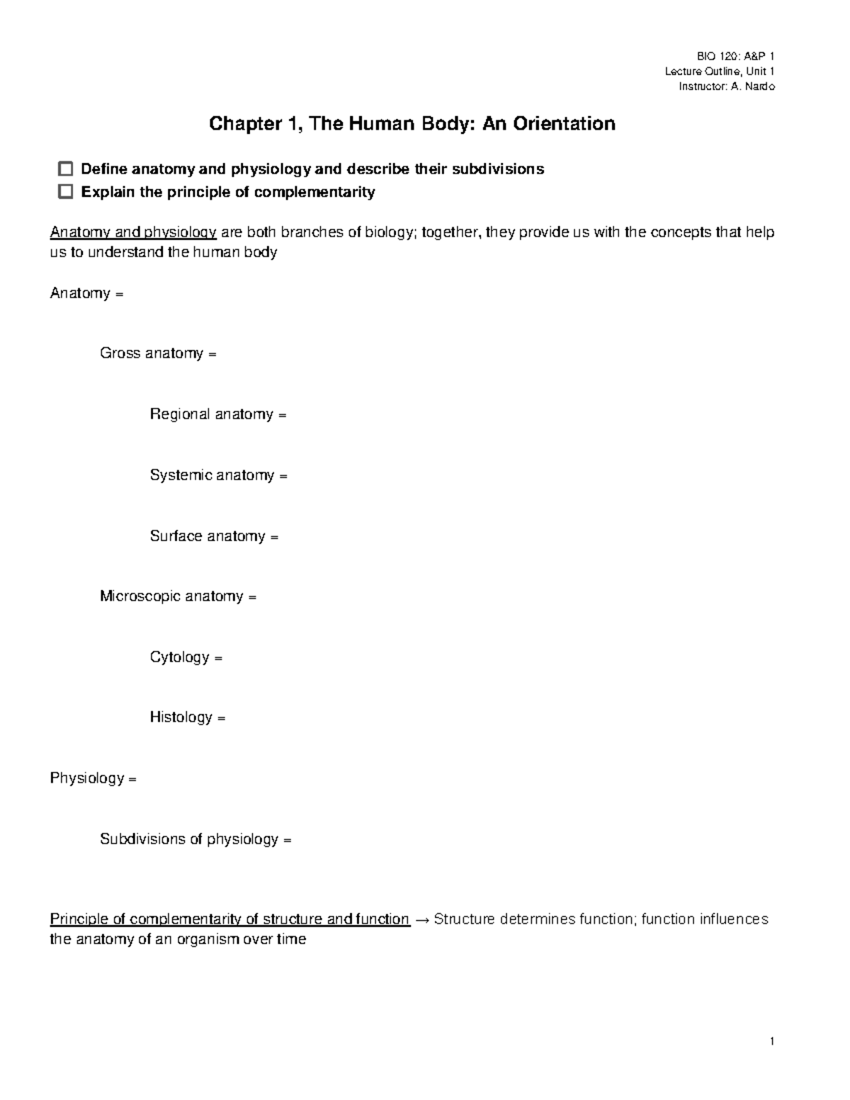 BIO 120, Unit 1, Ch 1 Lecture Outline - Lecture Outline, Unit 1 ...