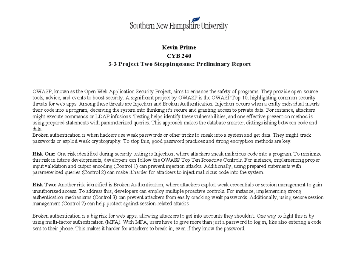CYB 240 3 3 Project Two Steppingstone Preliminary Report Kevin Prime ...
