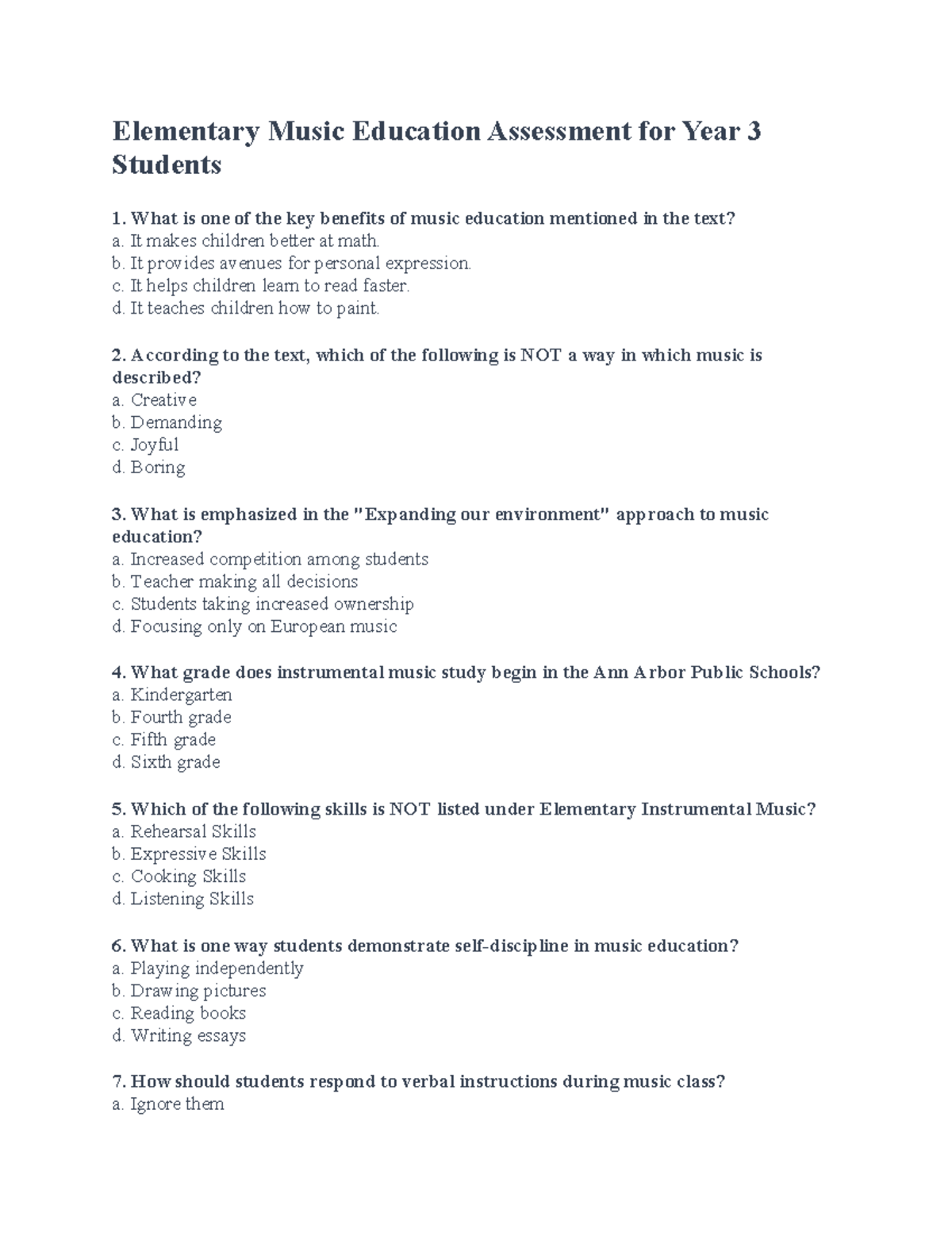 Elementary Music Education Assessment for Year 3 Students - What is one ...