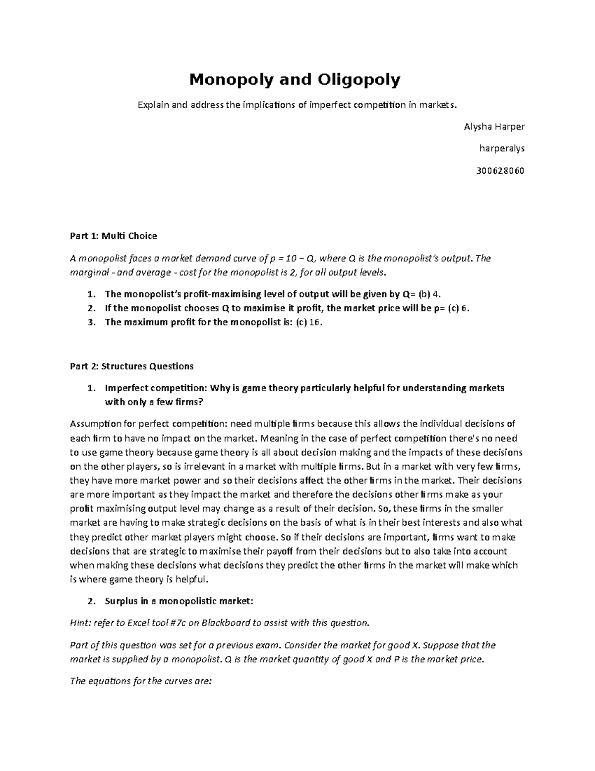 ECON130 Tutorial 7 - Monopoly and Oligopoly - Alysha Harper - Monopoly ...
