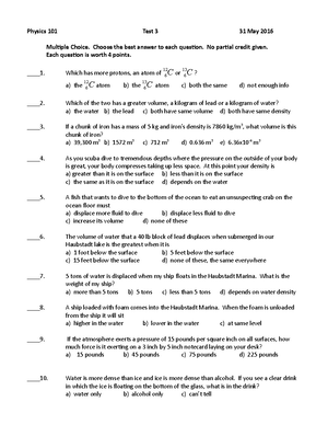 Physics 101 Practice Test 2 - Physics 101 Test 2 23 May 2016 Multiple ...