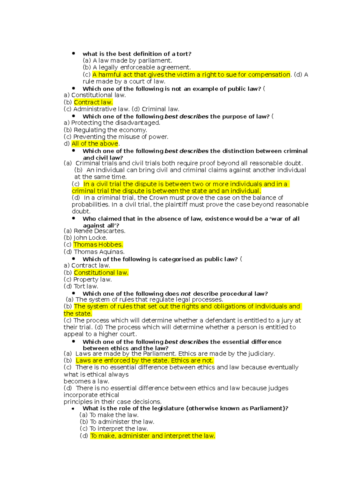 Business quiz - my notes - what is the best definition of a tort? (a) A ...