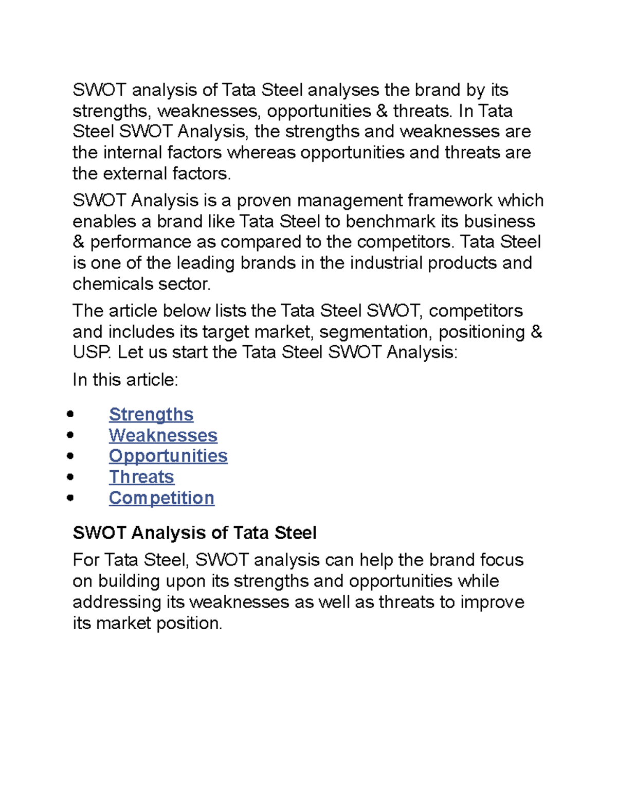 ravi ji ka ldka ashish - SWOT analysis of Tata Steel analyses the brand ...