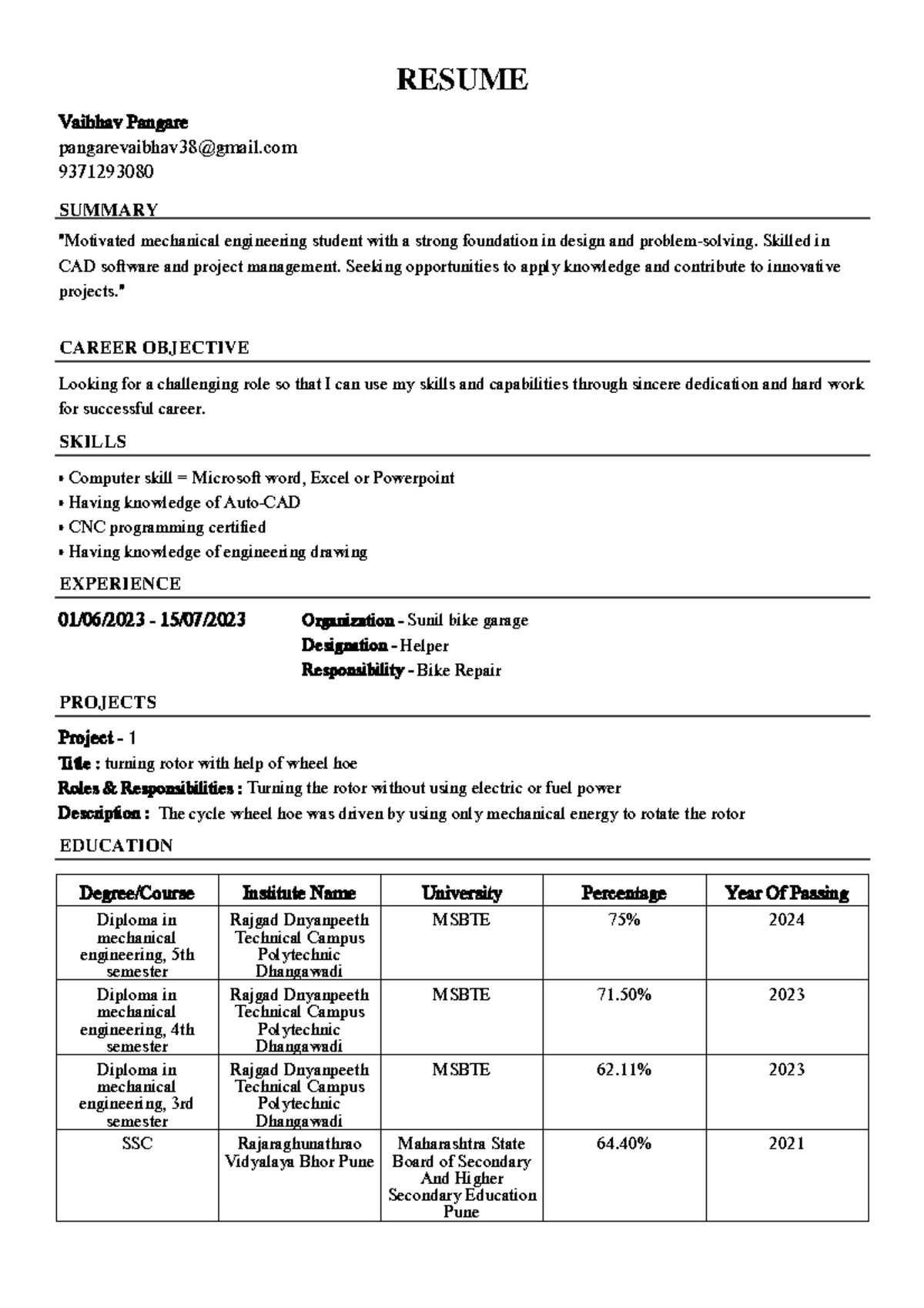 I will have preparation for exam - RESUME Vaibhav Pangare ...