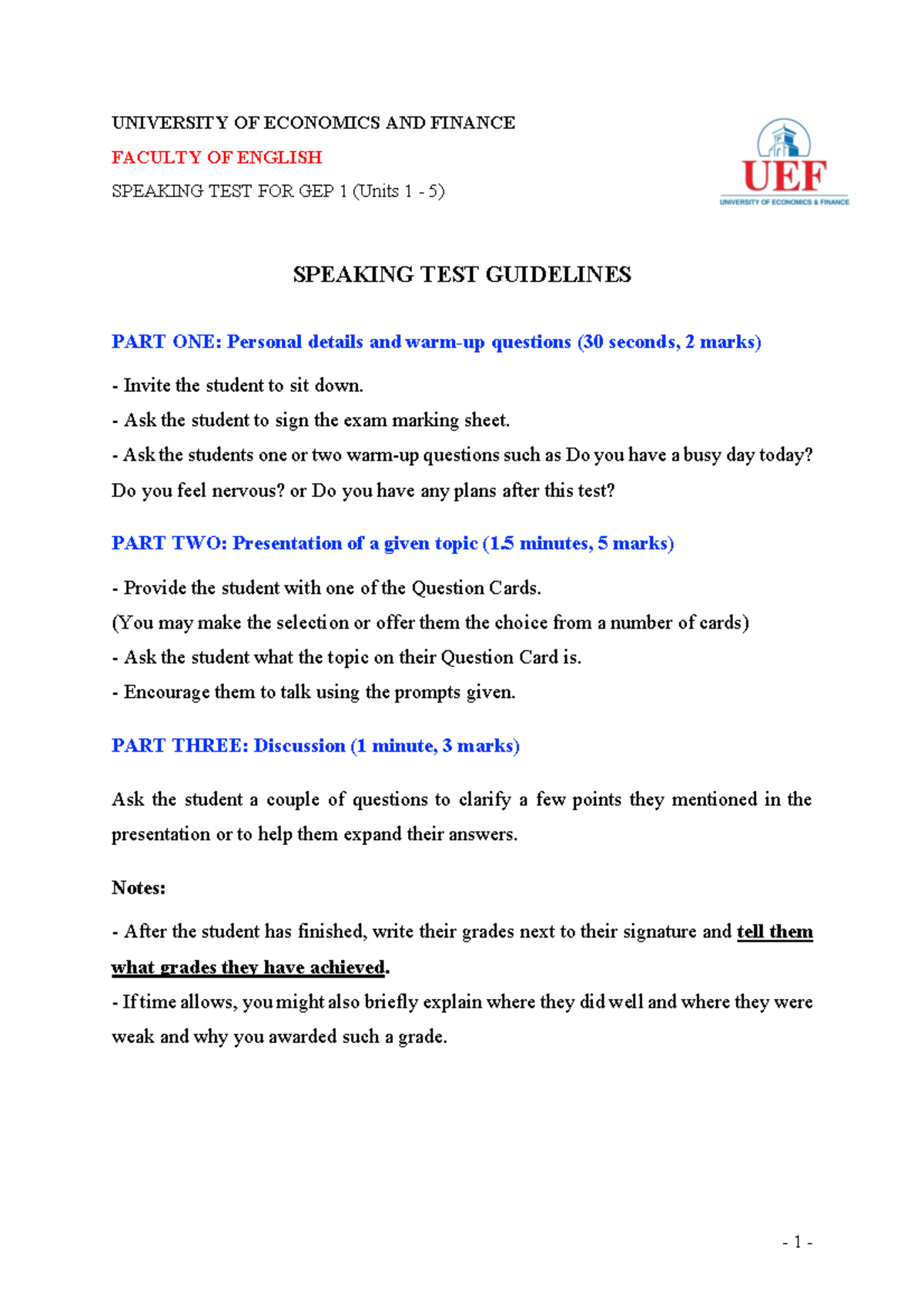 GEP 1 Speaking Sep 2021 updated - UNIVERSITY OF ECONOMICS AND FINANCE ...