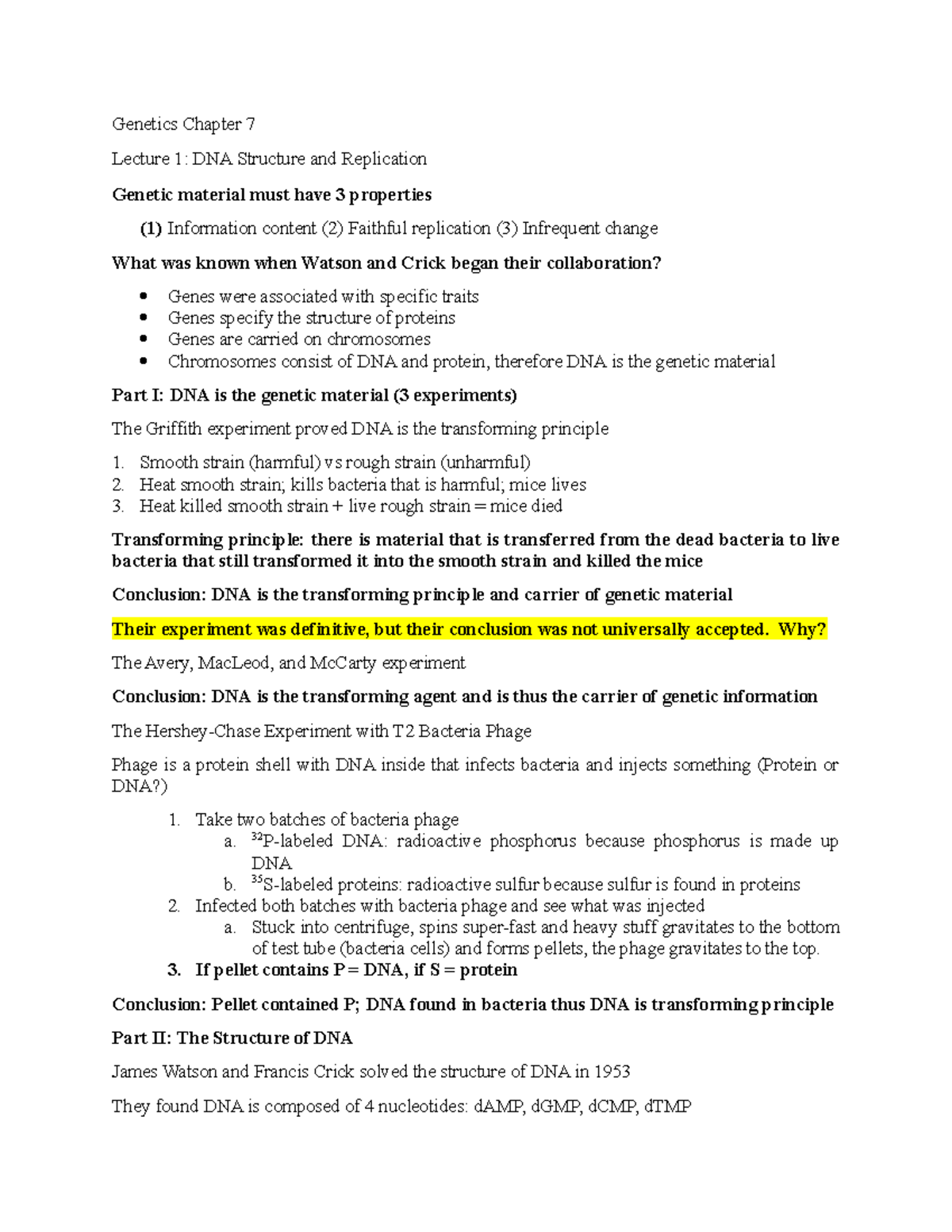 Genetics Notes - Stone Fall 2019 - Genetics Chapter 7 Lecture 1: DNA ...