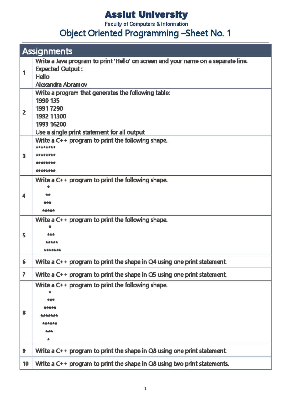 Fci OOP Practice Sheet 1 - 1 Assiut University Faculty of Computers & Information Object - Studocu