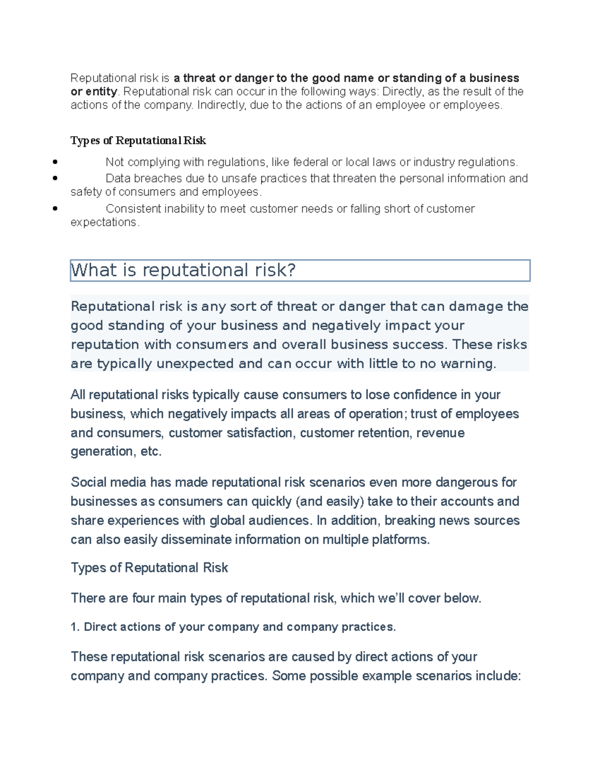 Risk mgmt - reputational risk - Reputational risk is a threat or danger ...