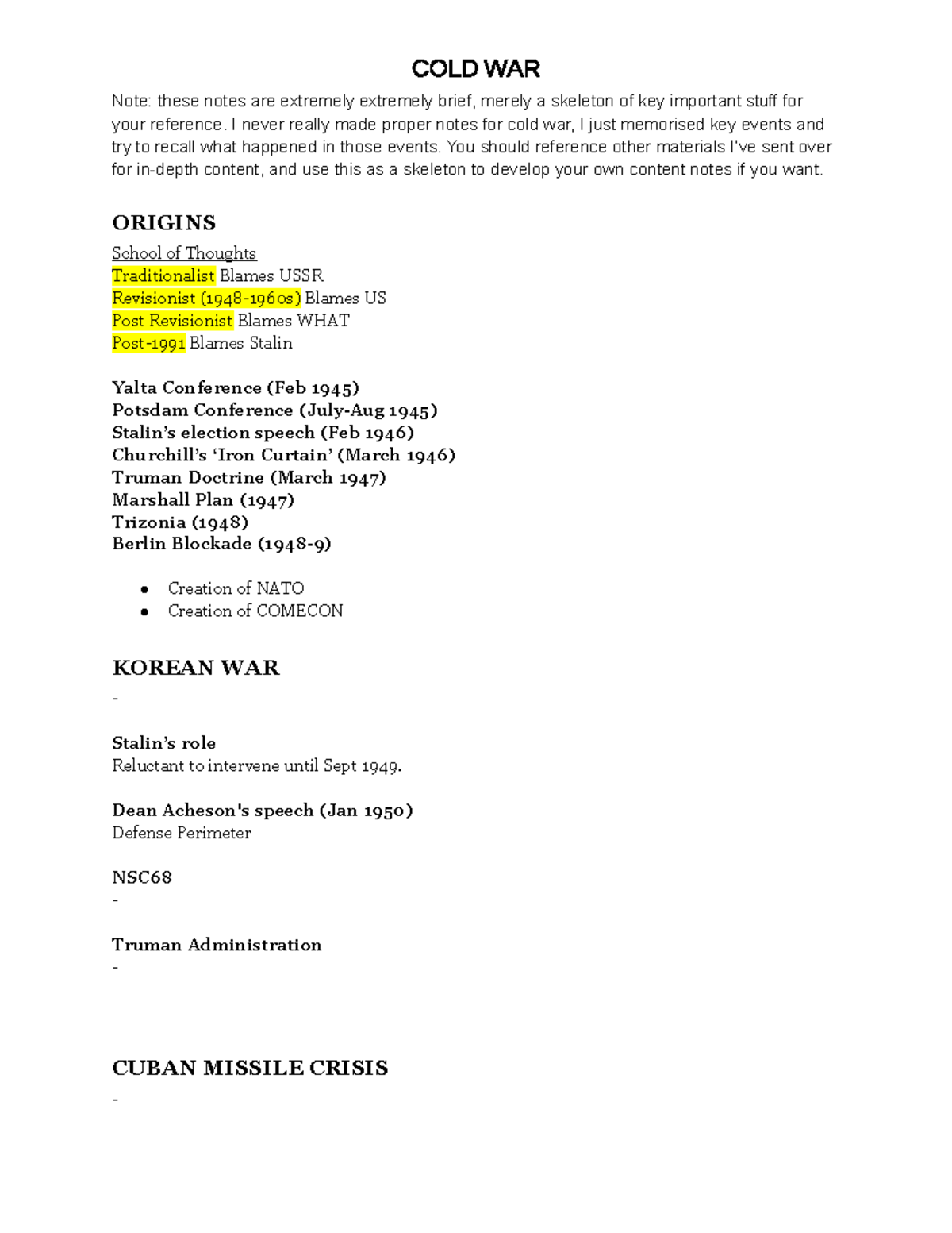 Copy of cold war notes (skeleton) - COLD WAR Note: these notes are ...