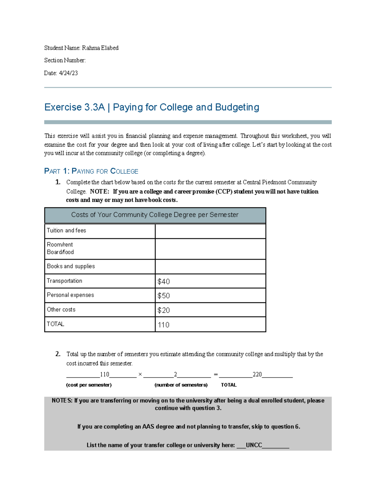 Exercise 3.3A Paying for College and Budgeting - Student Name: Rahma ...