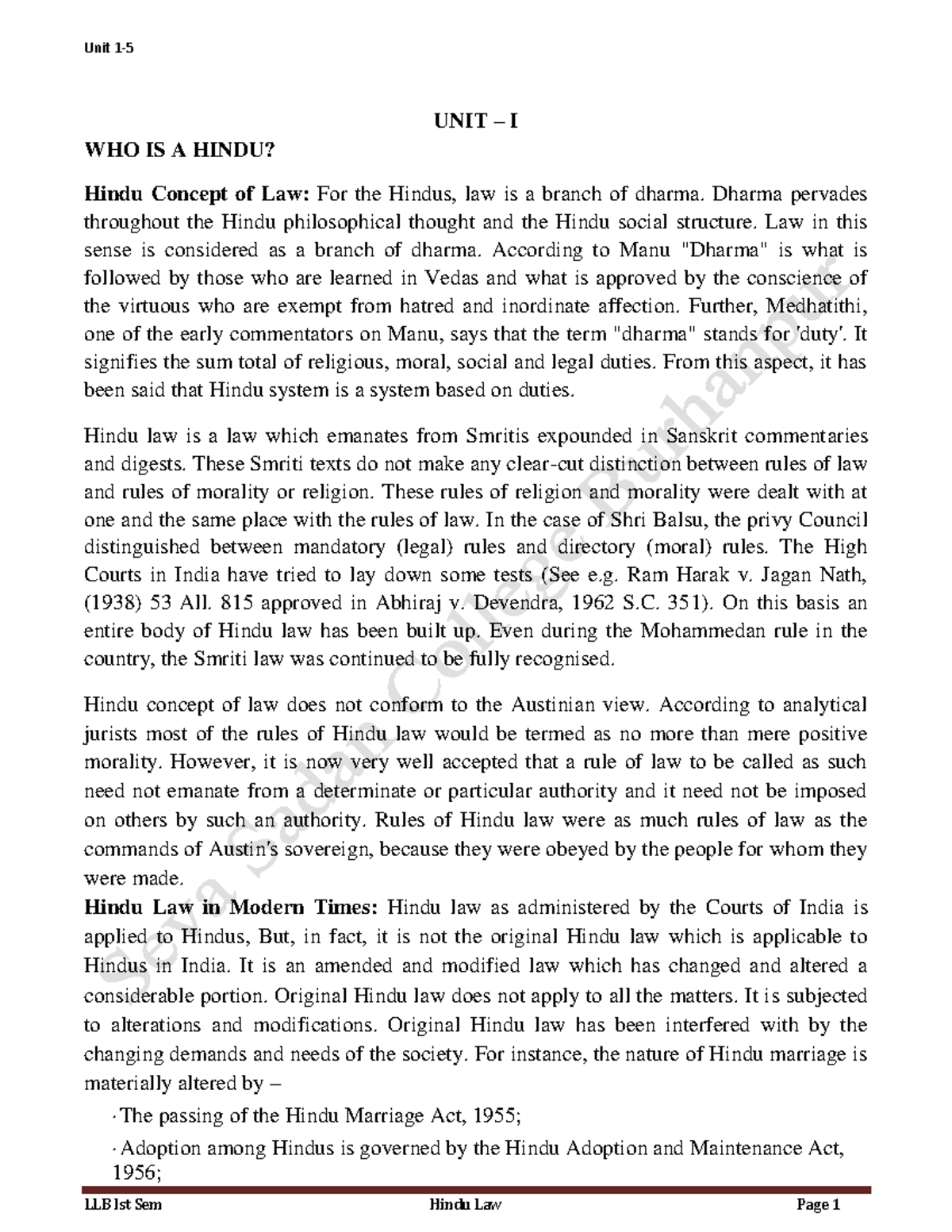 152005 3996 hindu law Unit 1-5 - UNIT – I WHO IS A HINDU? Hindu Concept ...