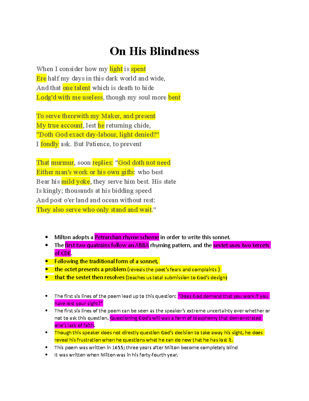 On His Blindness - On His Blindness When I consider how my light is ...