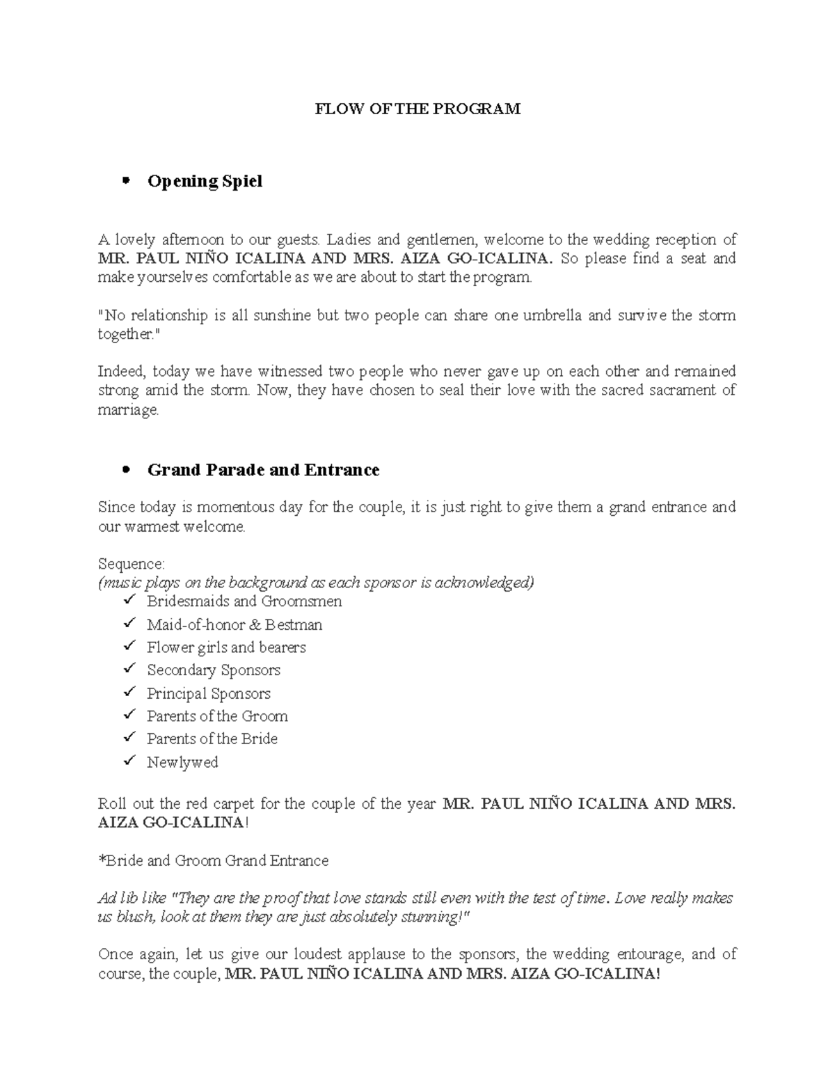 FLOW OF THE Program - emceeing - FLOW OF THE PROGRAM Opening Spiel A ...