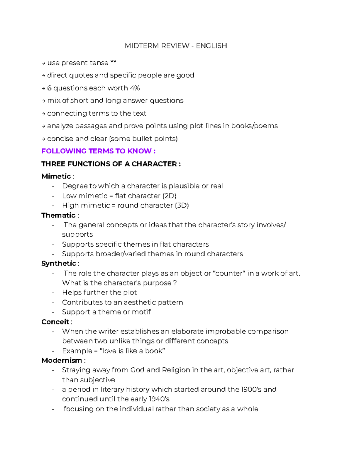 Midterm Review - English - MIDTERM REVIEW - ENGLISH → use present tense ...