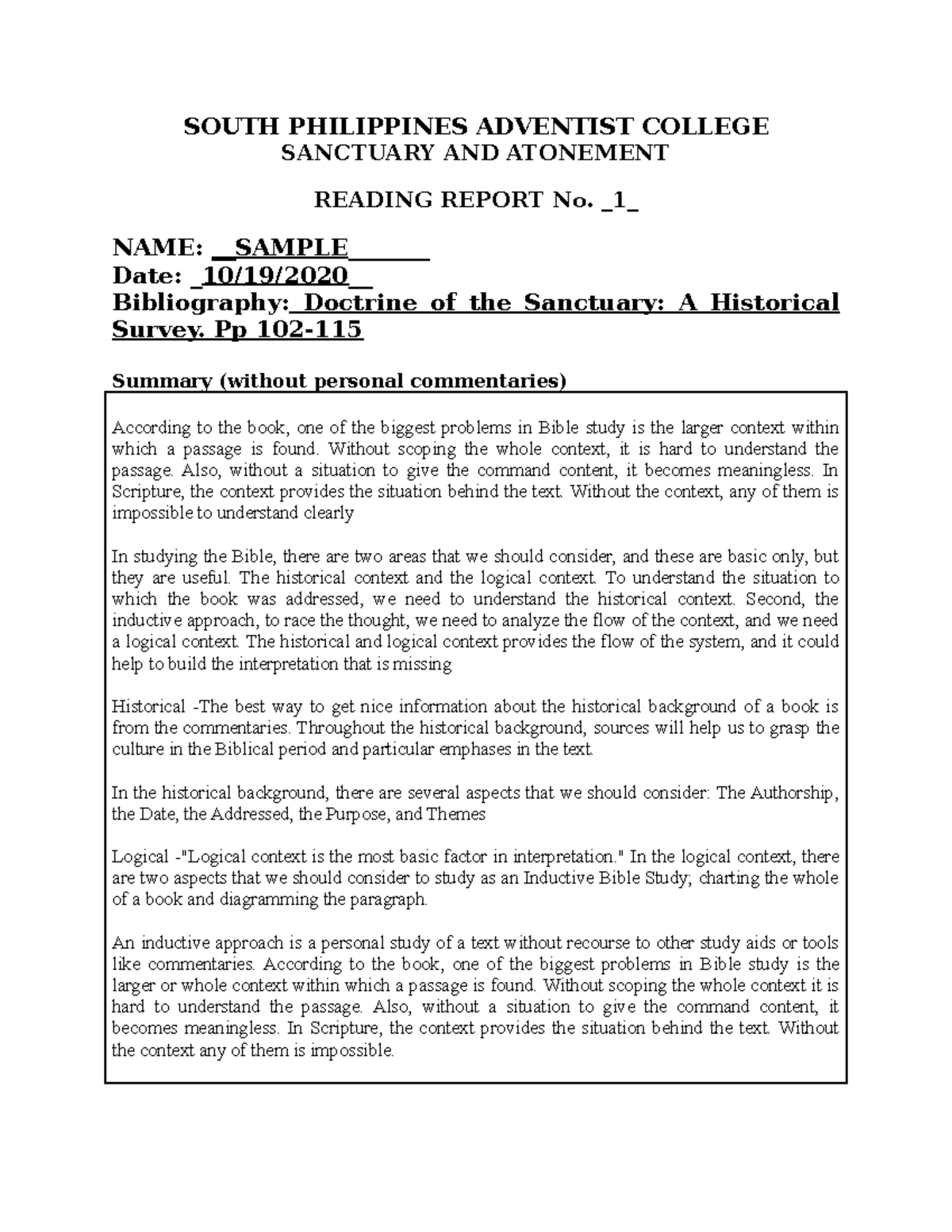 Sample- Reading- Report - SOUTH PHILIPPINES ADVENTIST COLLEGE SANCTUARY ...