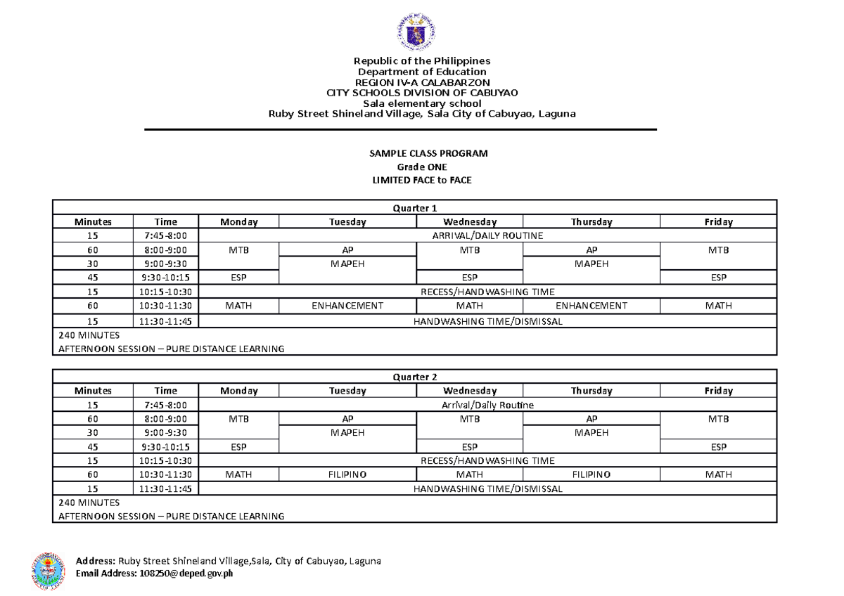 Grade One Class Program - Face to Face Adjusted - Republic of the ...