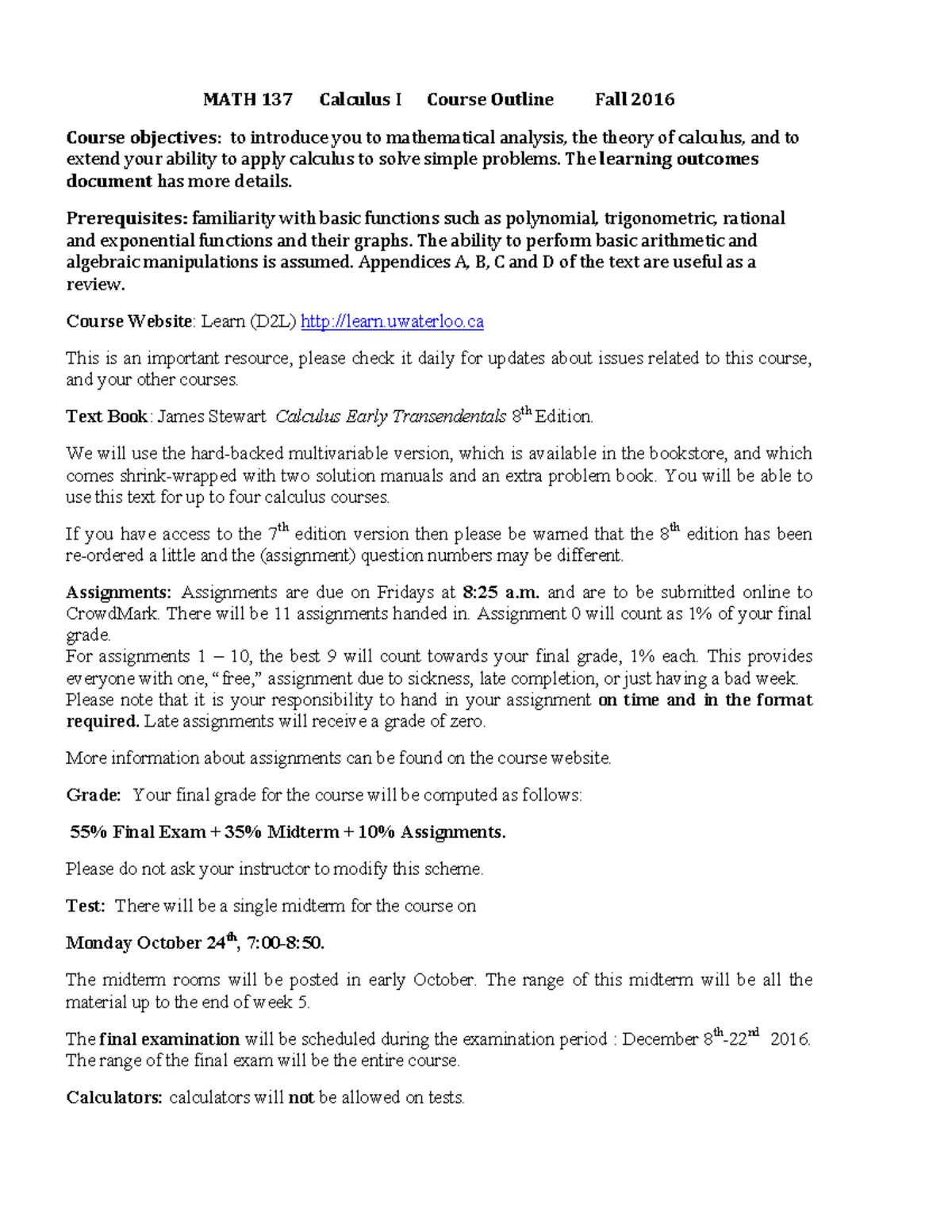 MATH137Course Outline Fall 2016 - MATH 137 Calculus I Course Outline ...