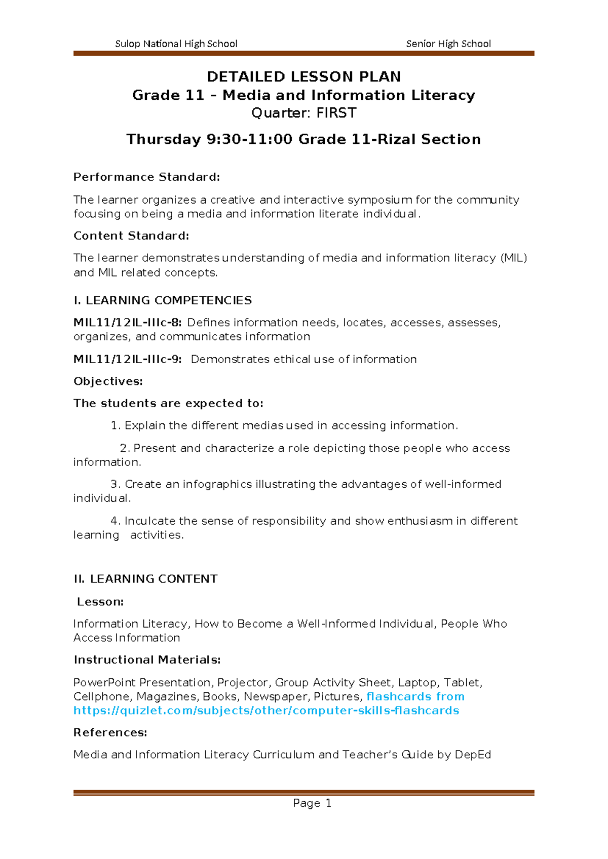 Detailed Lesson Plan - DETAILED LESSON PLAN Grade 11 – Media and ...