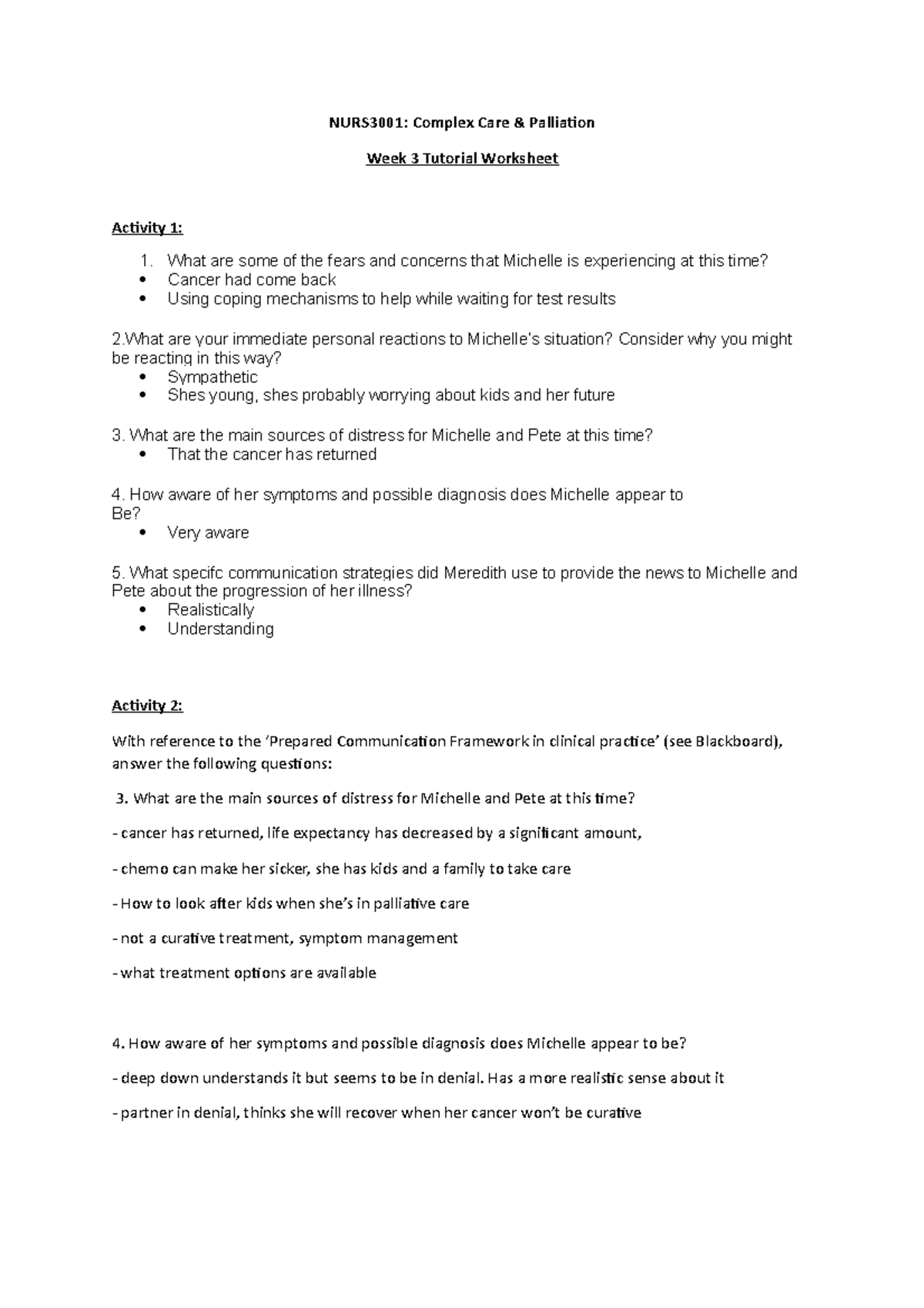 22 Wk3 Worksheet - mnmnbmnb - NURS3001: Complex Care & Palliation Week ...