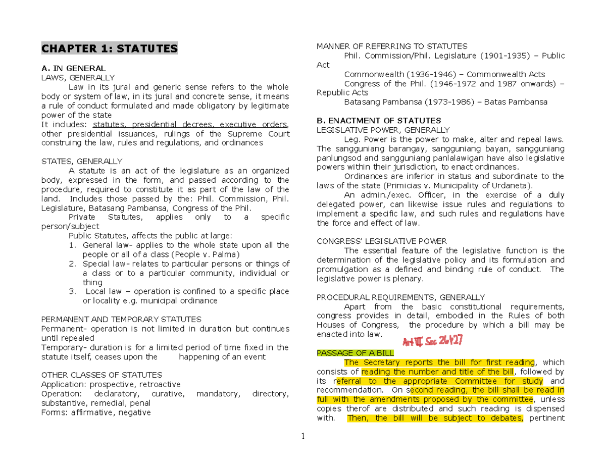 aggpallo1234355 - CHAPTER 1: STATUTES A. IN GENERAL LAWS, GENERALLY Law ...