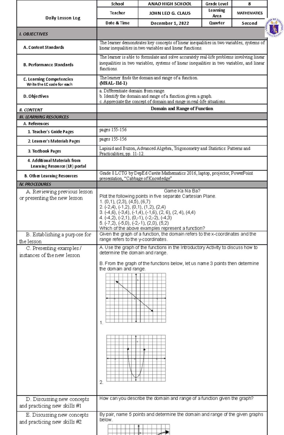 DLP December 1, 2022 - Lesson plan in Mathematics 8 - Daily Lesson Log ...