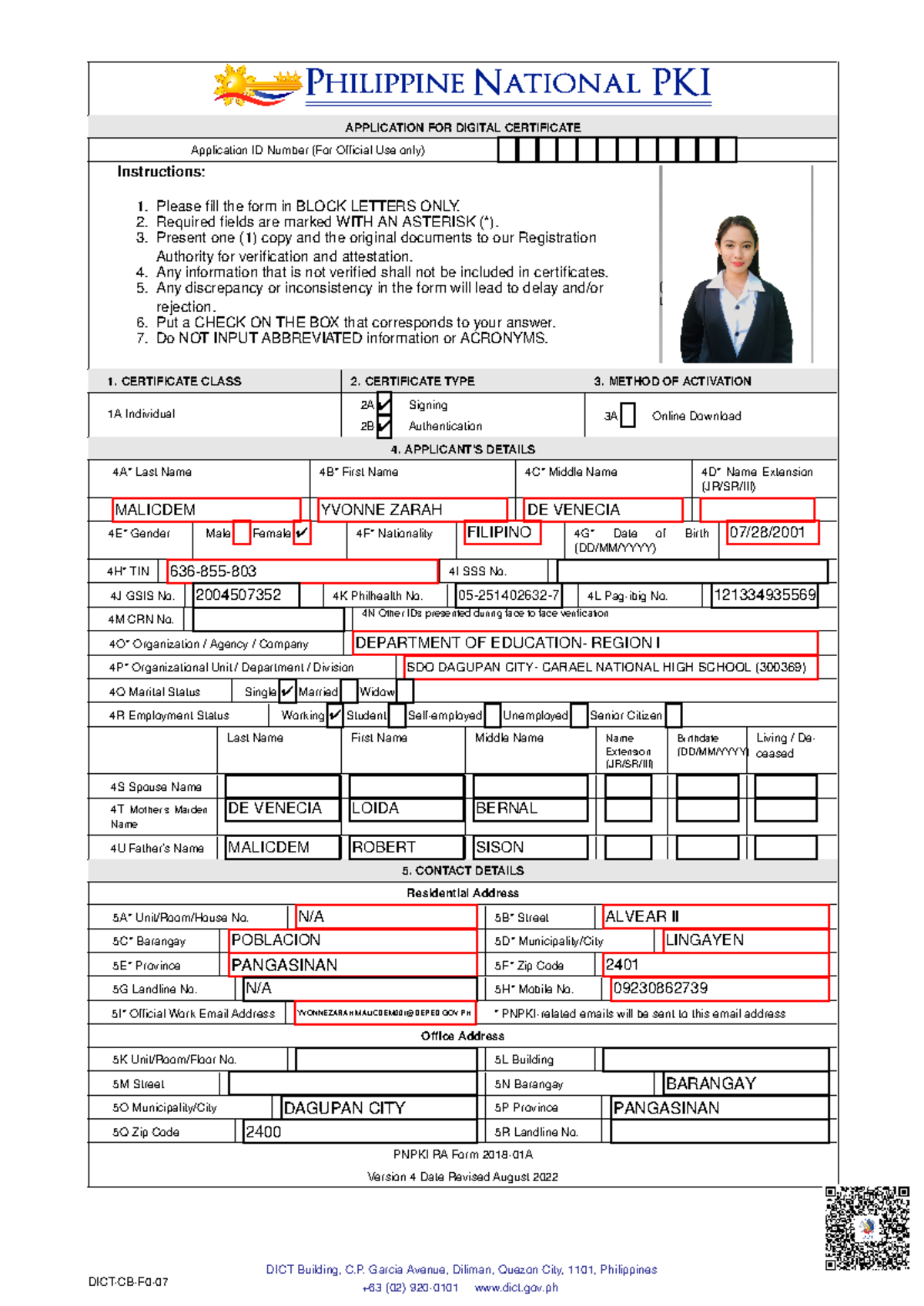 Malicdem Yvonne Zarah - n/a - APPLICATION FOR DIGITAL CERTIFICATE ...