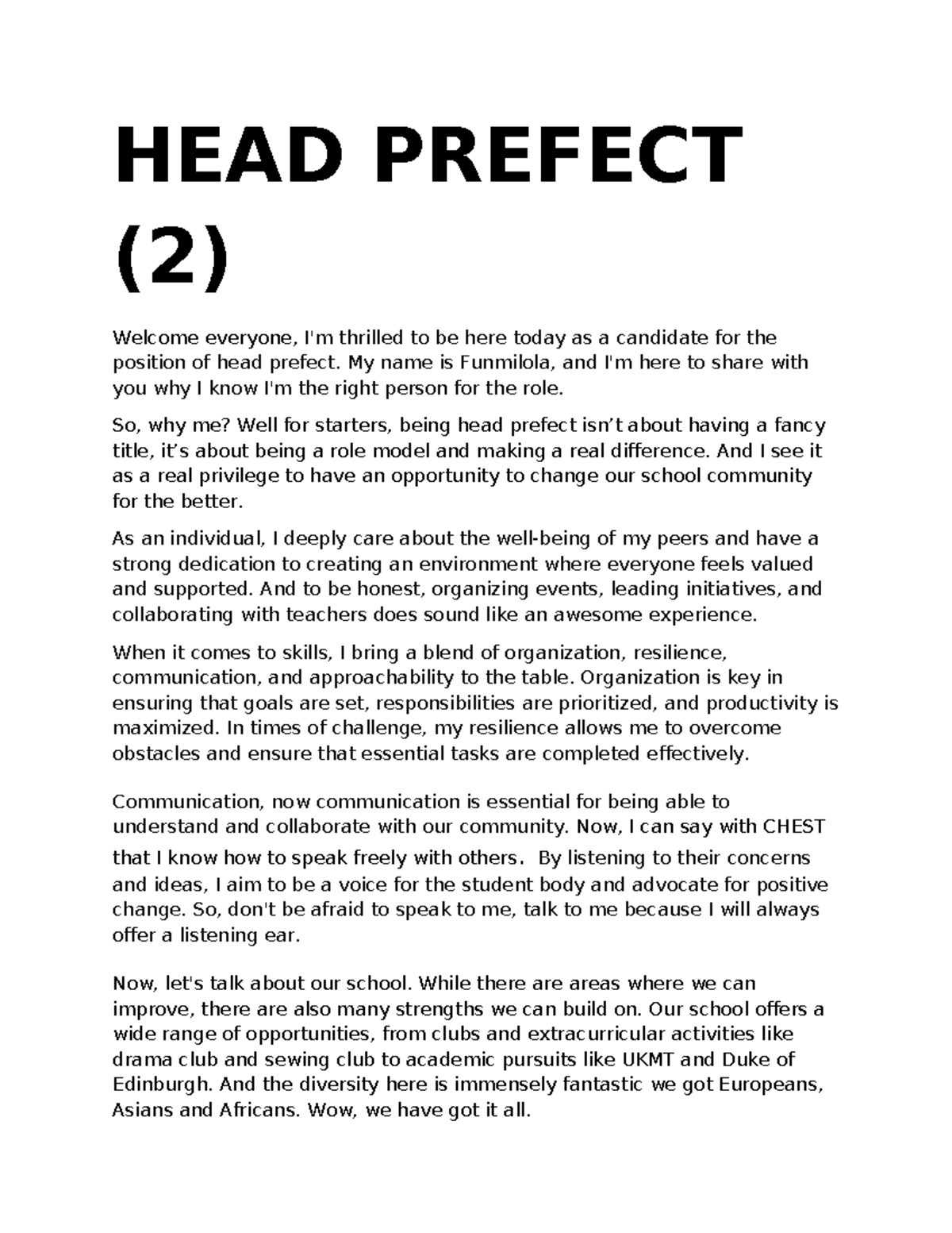 HEAD Prefect (2) - GOOD - HEAD PREFECT (2) Welcome everyone, I'm ...