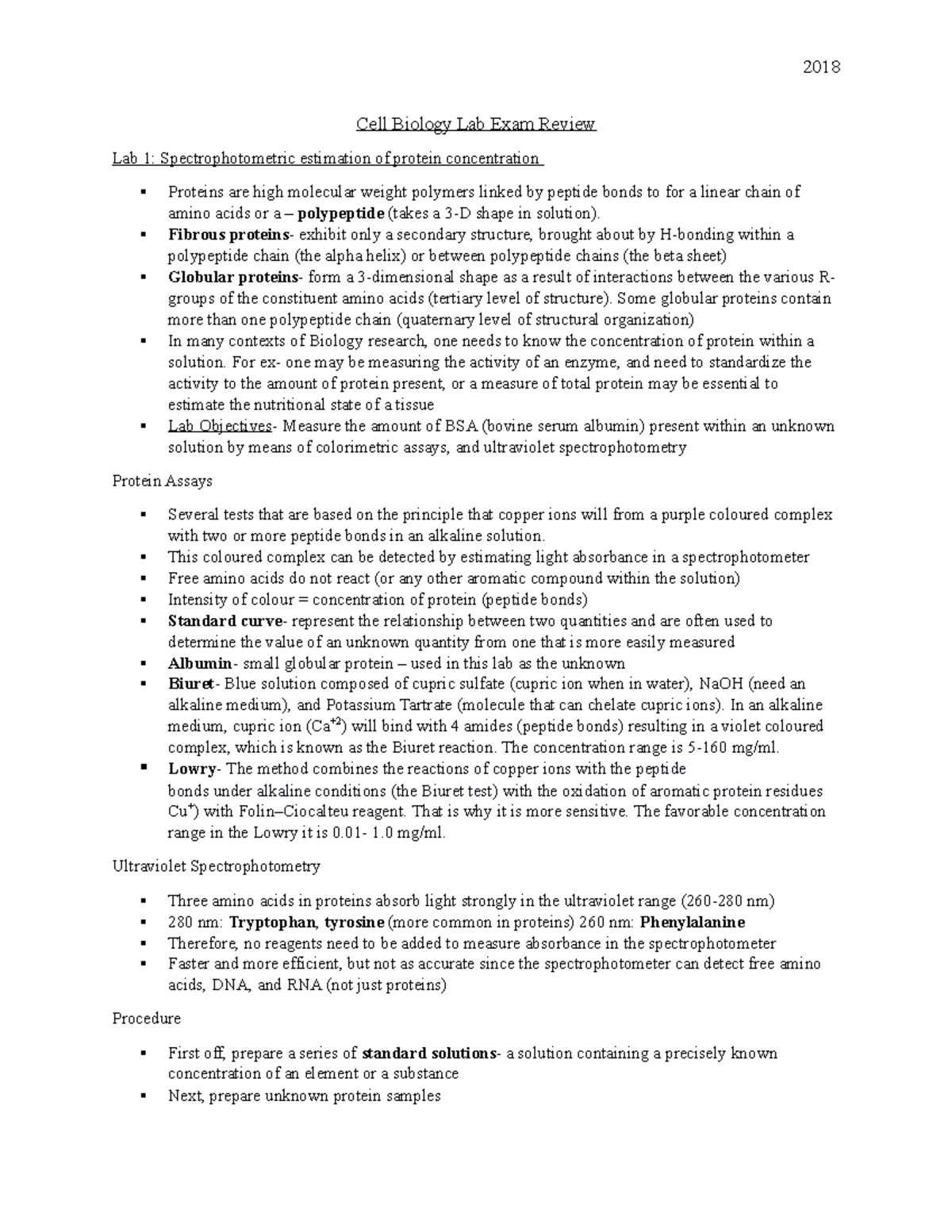 BIOL 3221 final lab reviews - 2018 Cell Biology Lab Exam Review Lab 1 ...