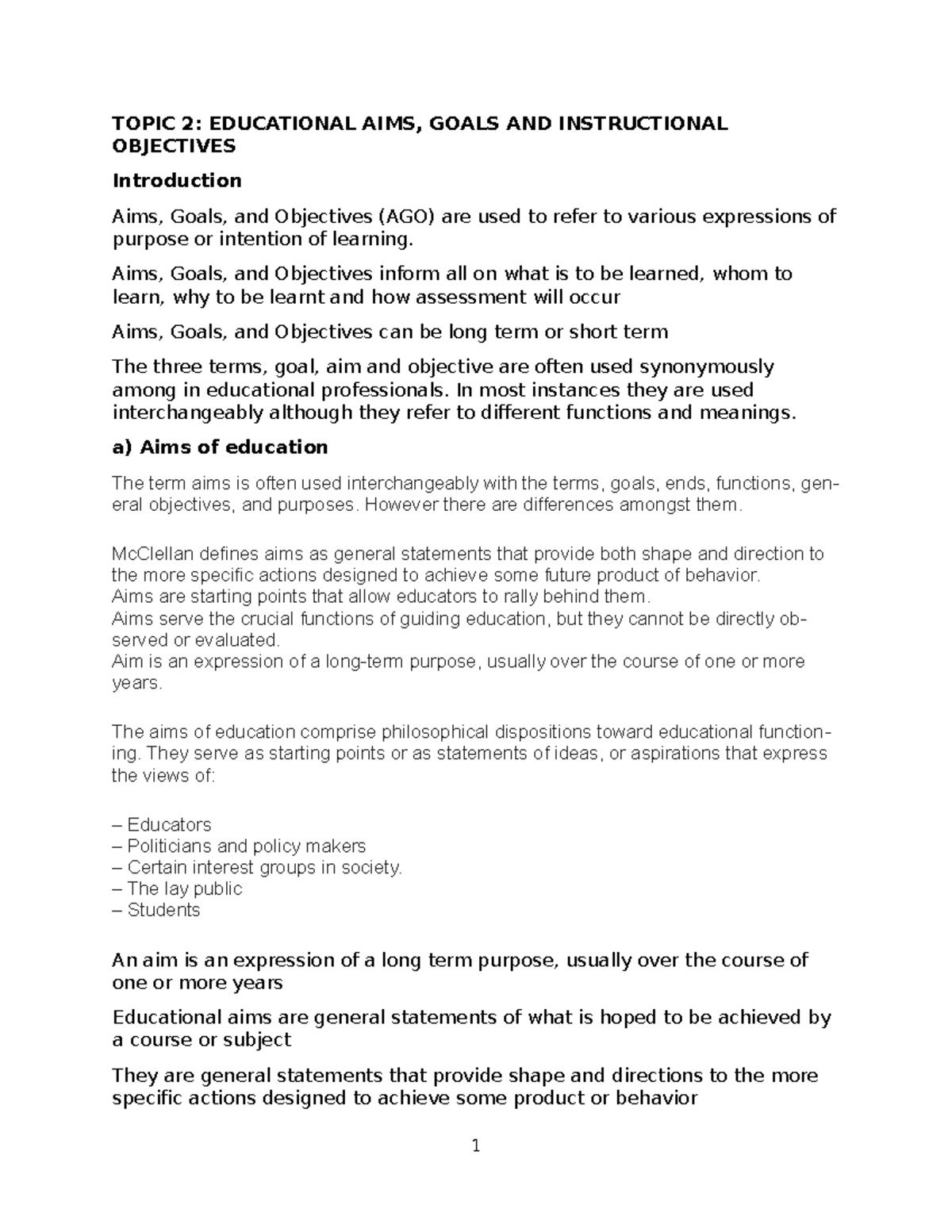 Lesson 2 Educational AIMS, Goals AND Instructional Objectives - TOPIC 2 ...