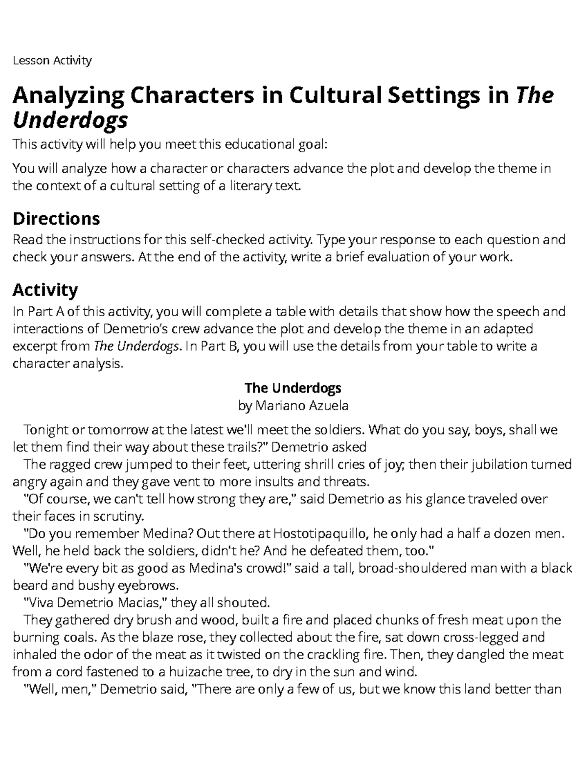 Analyzing Characters in Cultural Settings Tutorial - Lesson Activity ...