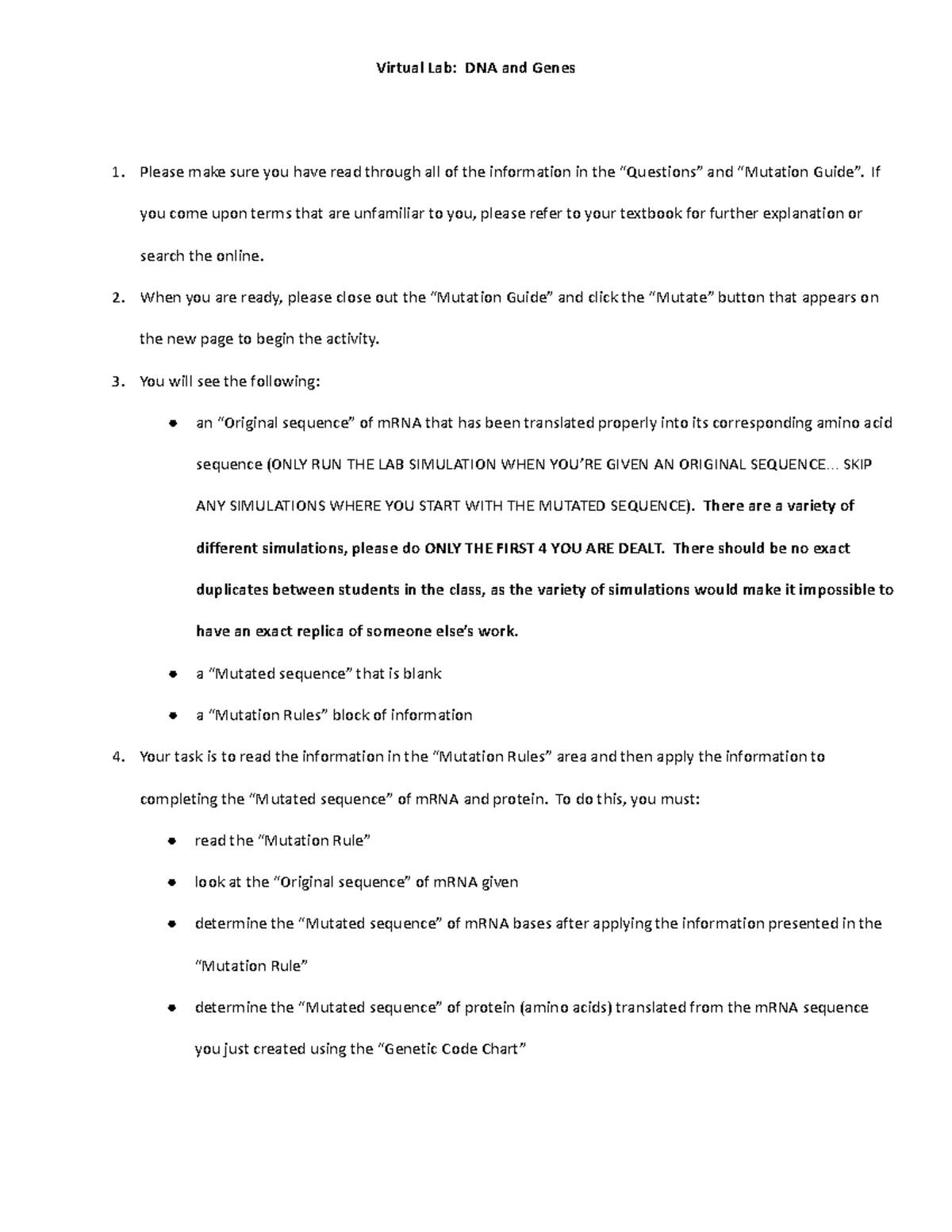 DNA Mutation Virtual Lab Instructions - Virtual Lab: DNA and Genes ...