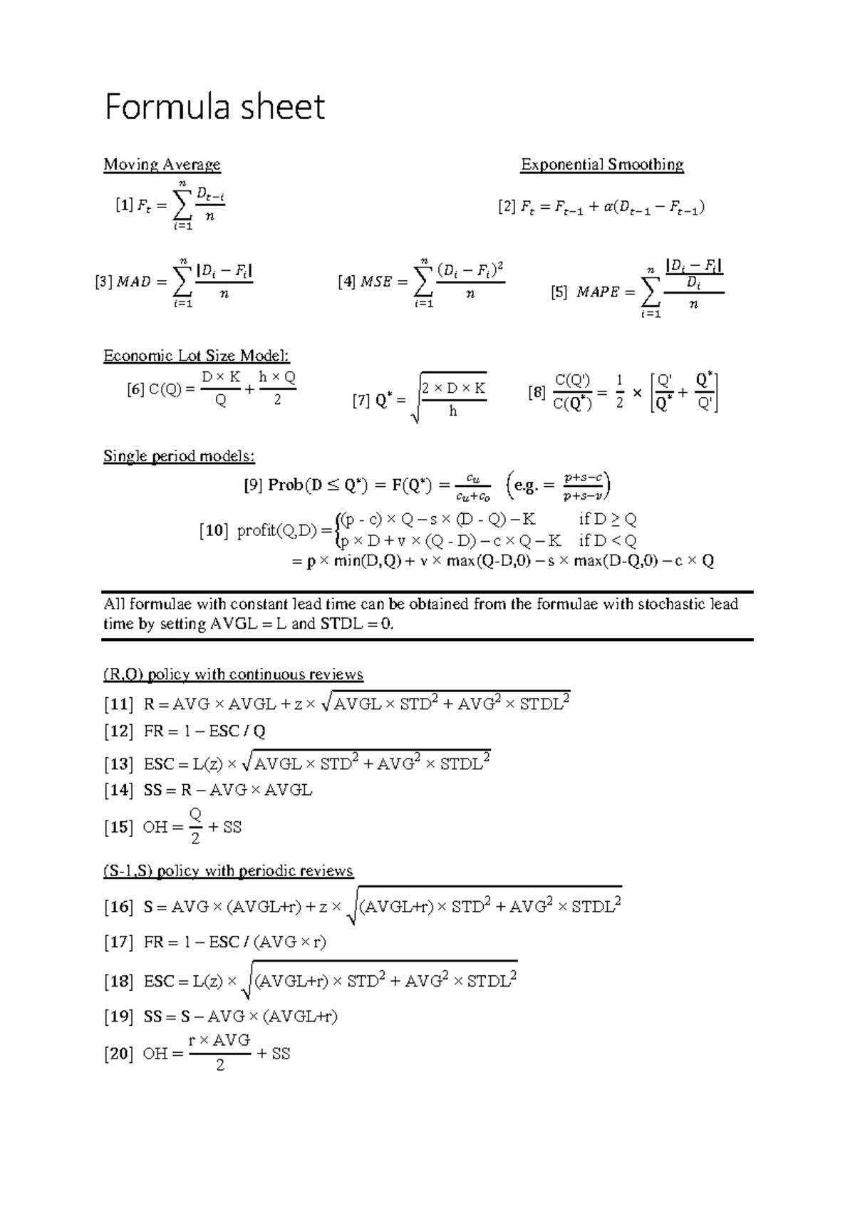 Formular Sheet Numbered - Formula sheet Moving Average Exponential ...