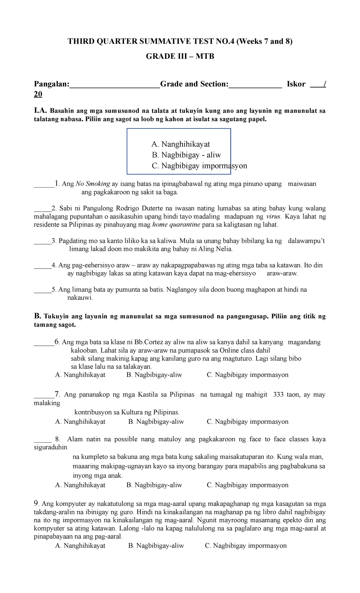 3rd Quarter Summative Tests -MTB - THIRD QUARTER SUMMATIVE TEST NO ...