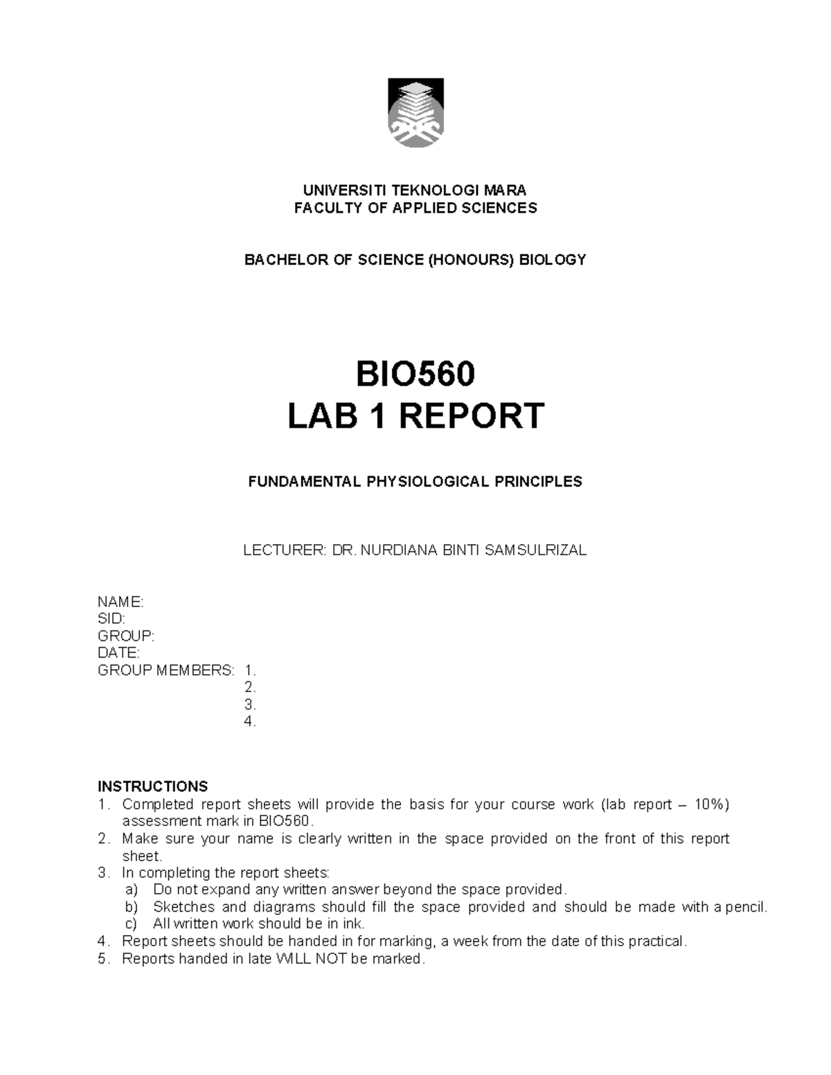 LAB Report BIO560 - UNIVERSITI TEKNOLOGI MARA FACULTY OF APPLIED ...