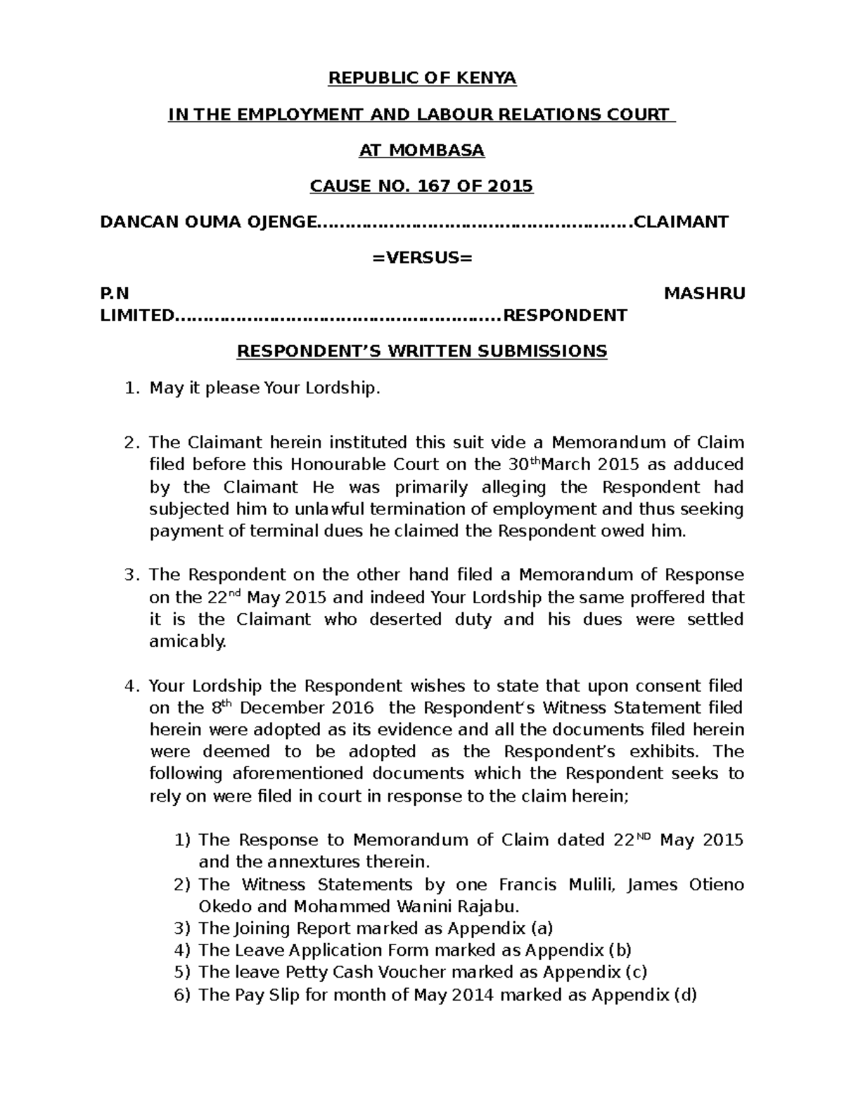 1st defendant submissions - REPUBLIC OF KENYA IN THE EMPLOYMENT AND ...