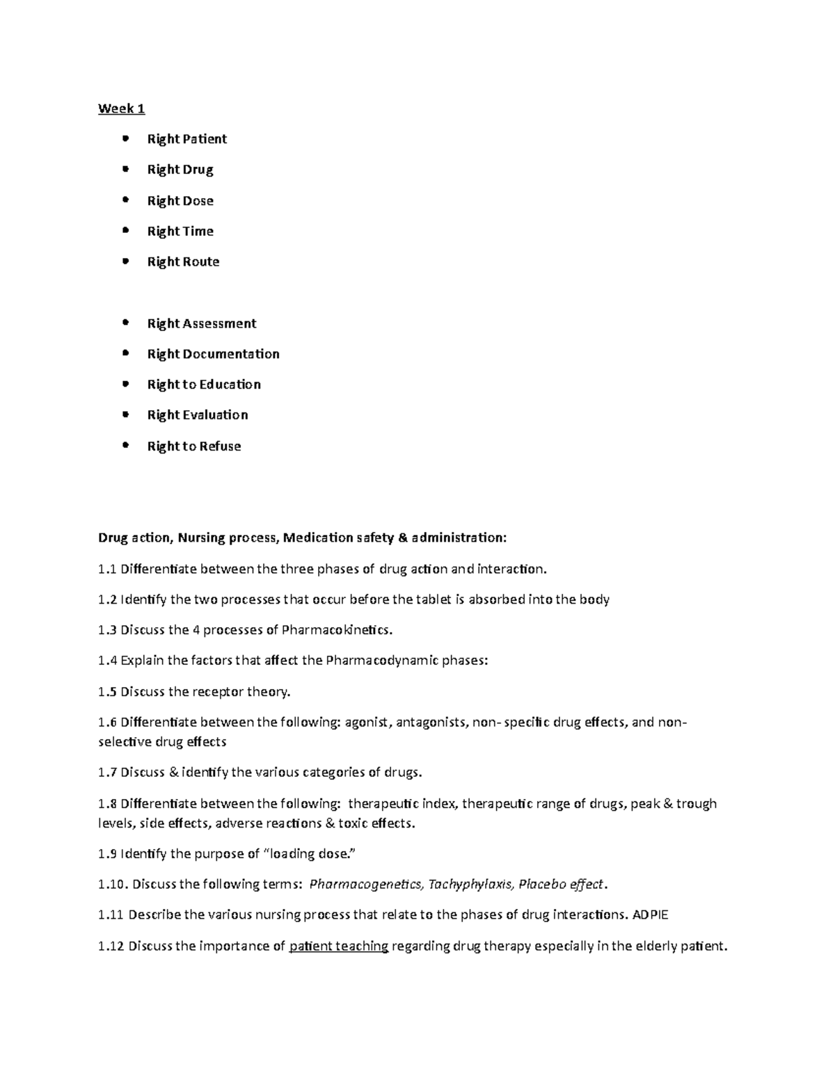 Study Guide Pharm - Course Objectives answered/ lecture notes - Week 1 ...