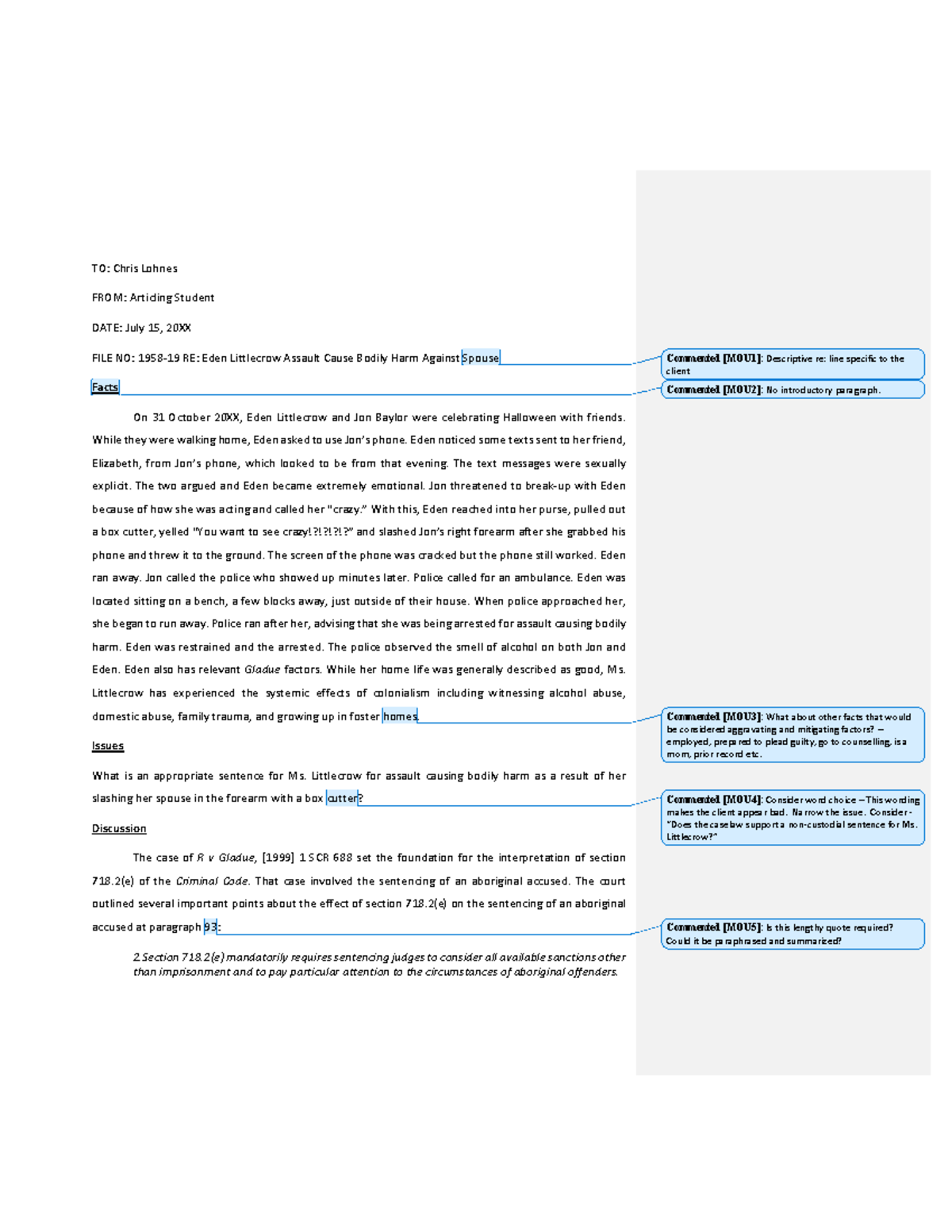 Legal Memorandum - RC - Writing for Advocacy Letter - TO: Chris Lohnes ...