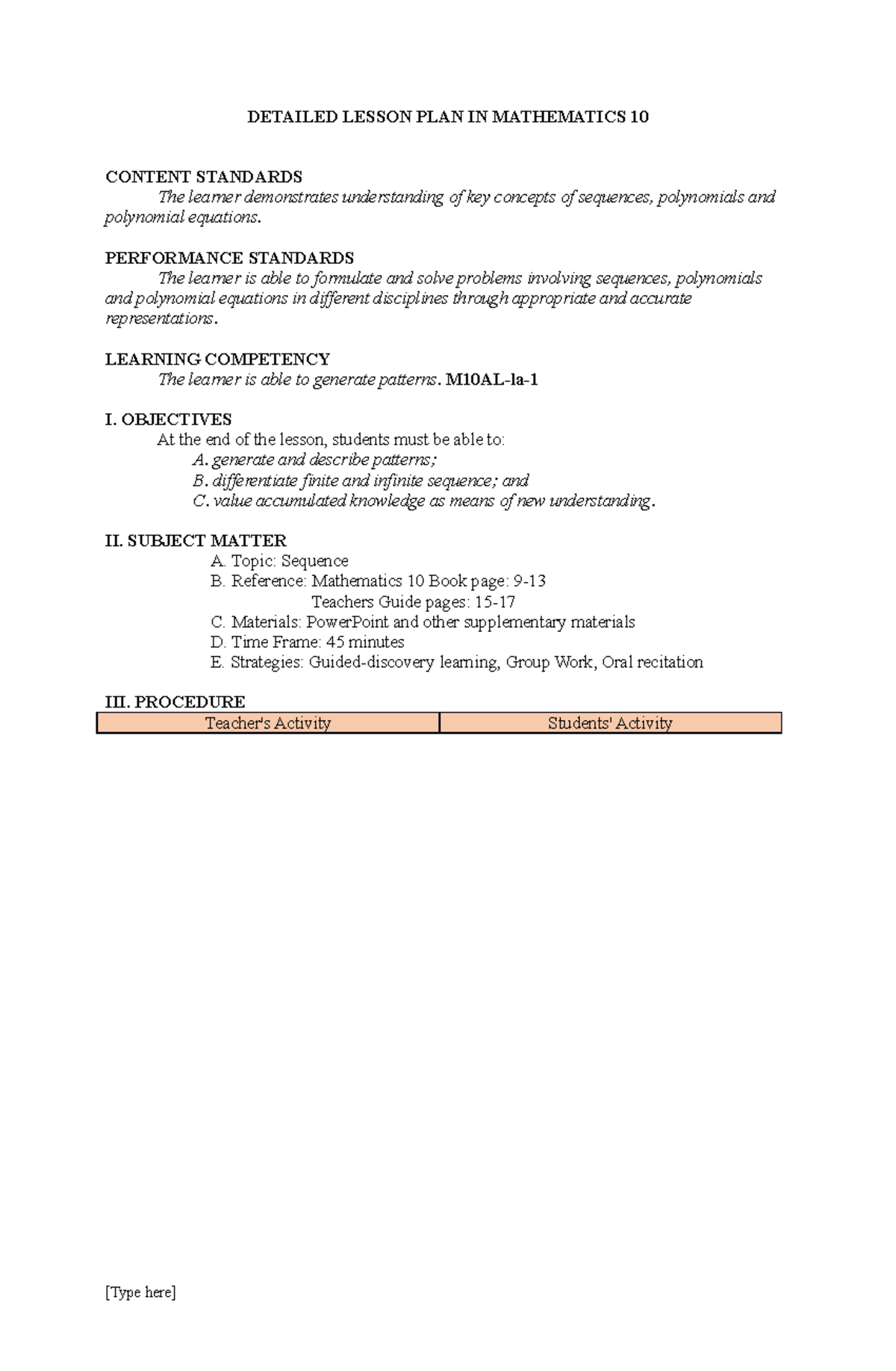 JHS LP - lesson plan - DETAILED LESSON PLAN IN MATHEMATICS 10 CONTENT ...