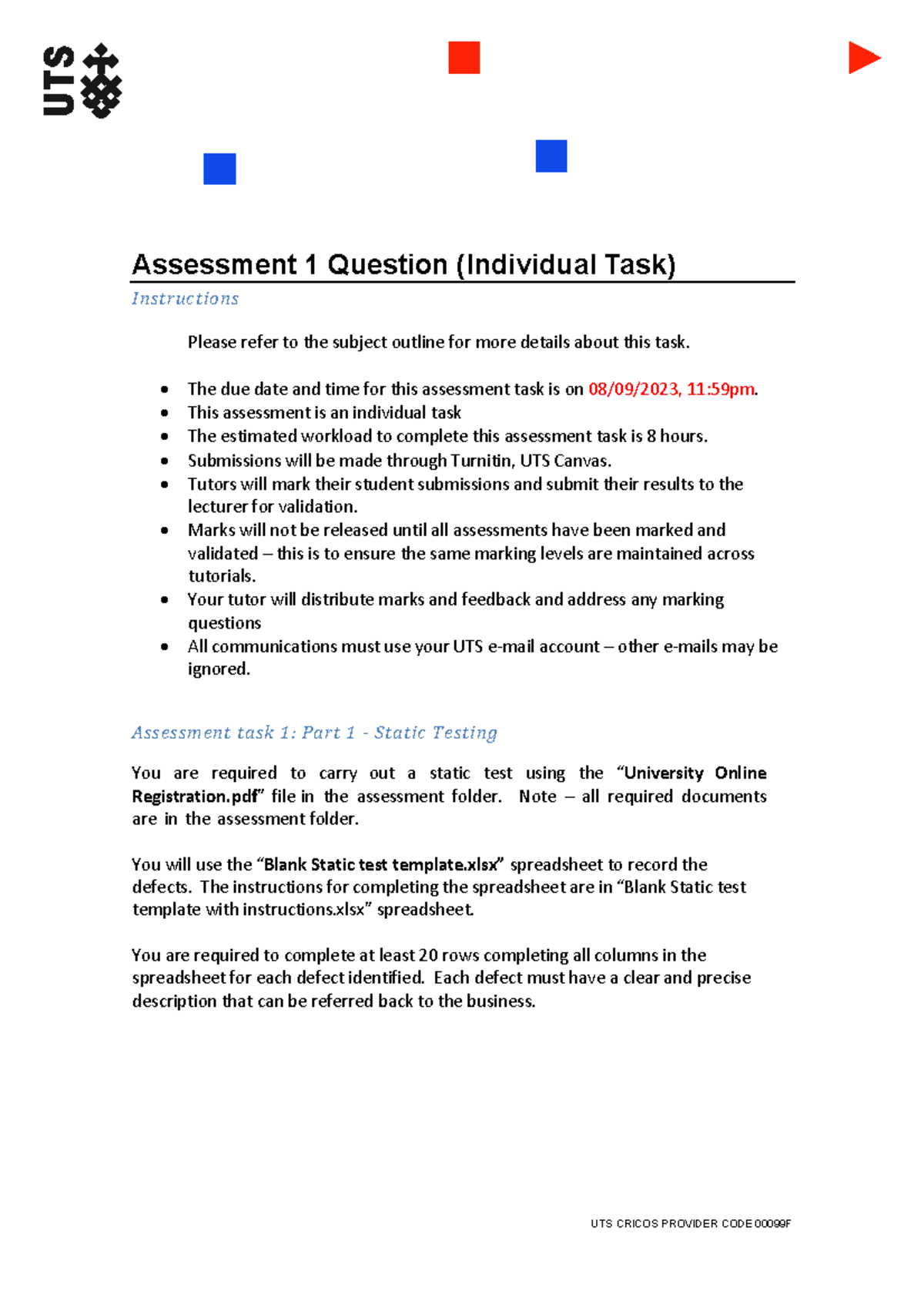 Assessment Task 1 - Description - UTS CRICOS PROVIDER CODE 00099F ...