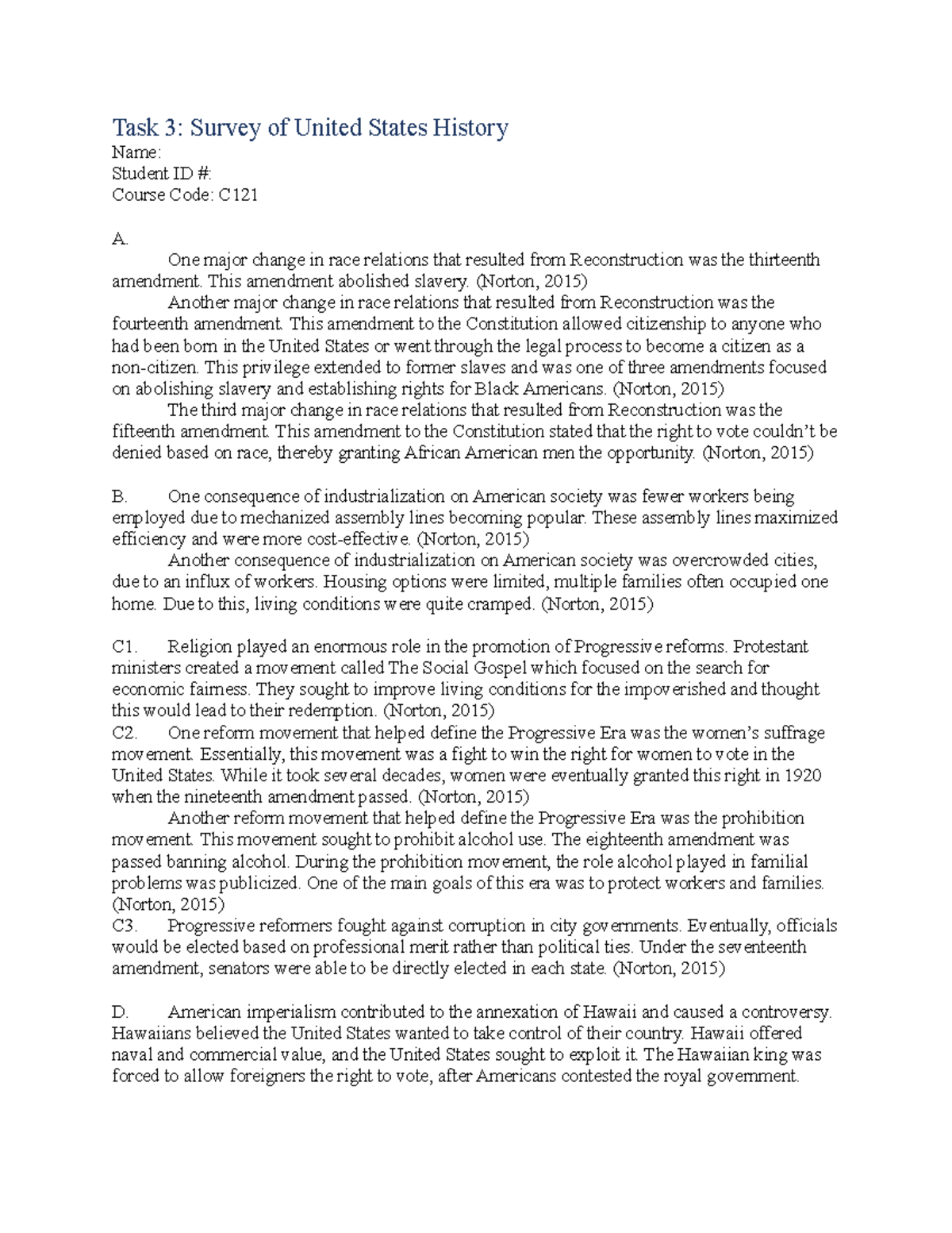 Task 3 Survey of United States History - Task 3: Survey of United ...