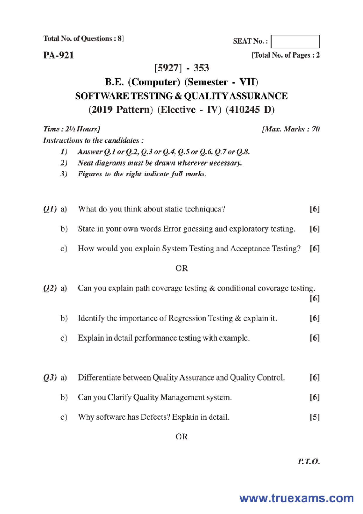 SEM VII - Software Testing and Quality Assurance (OCT22) - Computer ...